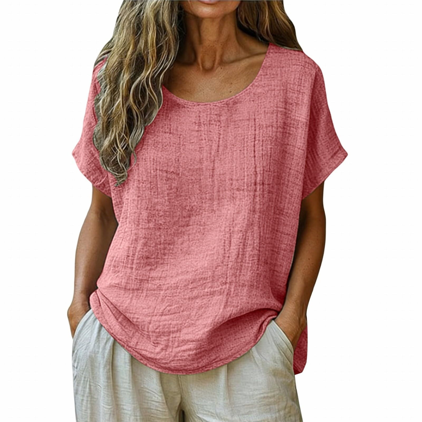 LIaqionyy Women's Cotton Linen Shirt Short Sleeve Crew Neck Casual ...