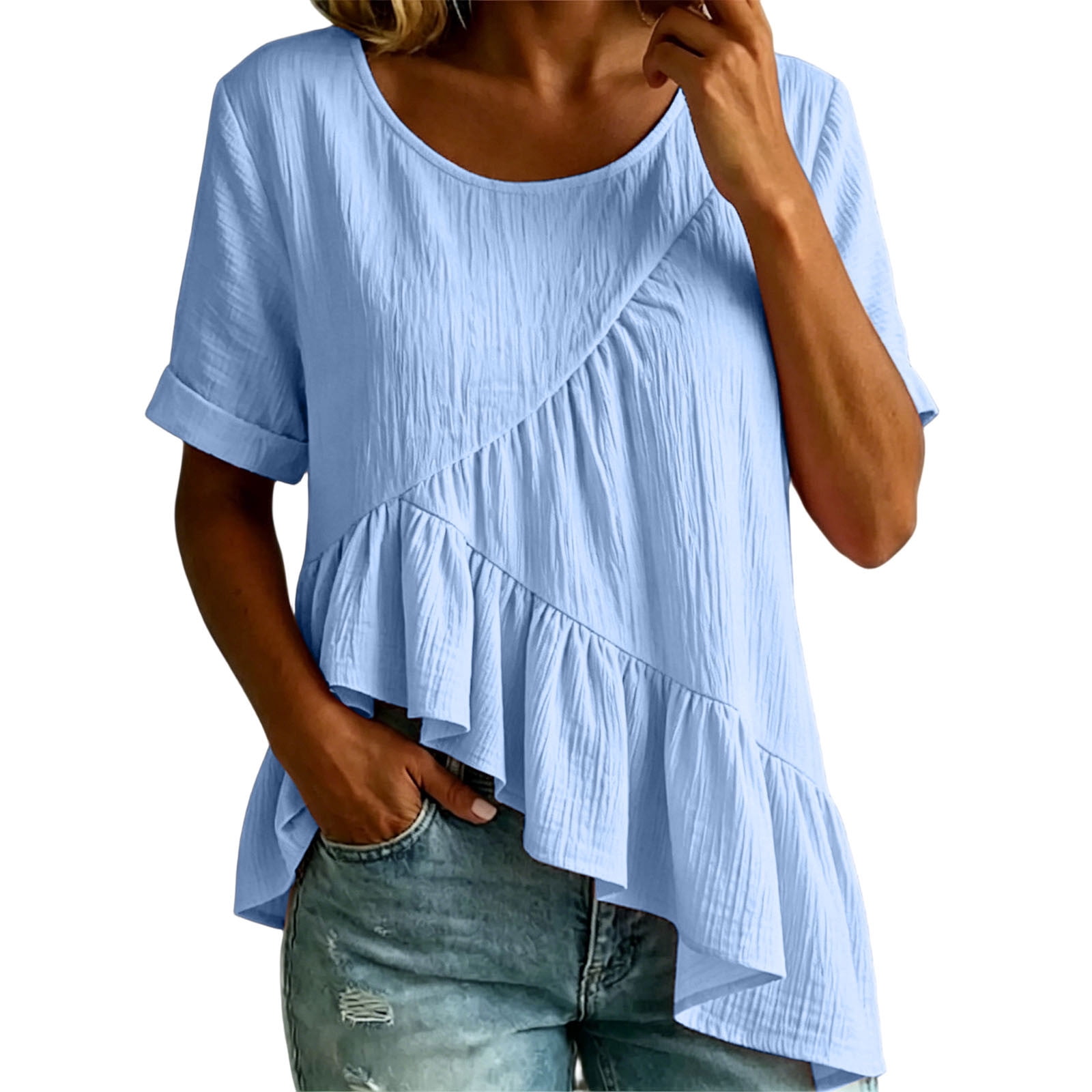 LIaqionyy Women's Cotton Linen Short Sleeve Shirts Ruffle Hem Crew Neck ...