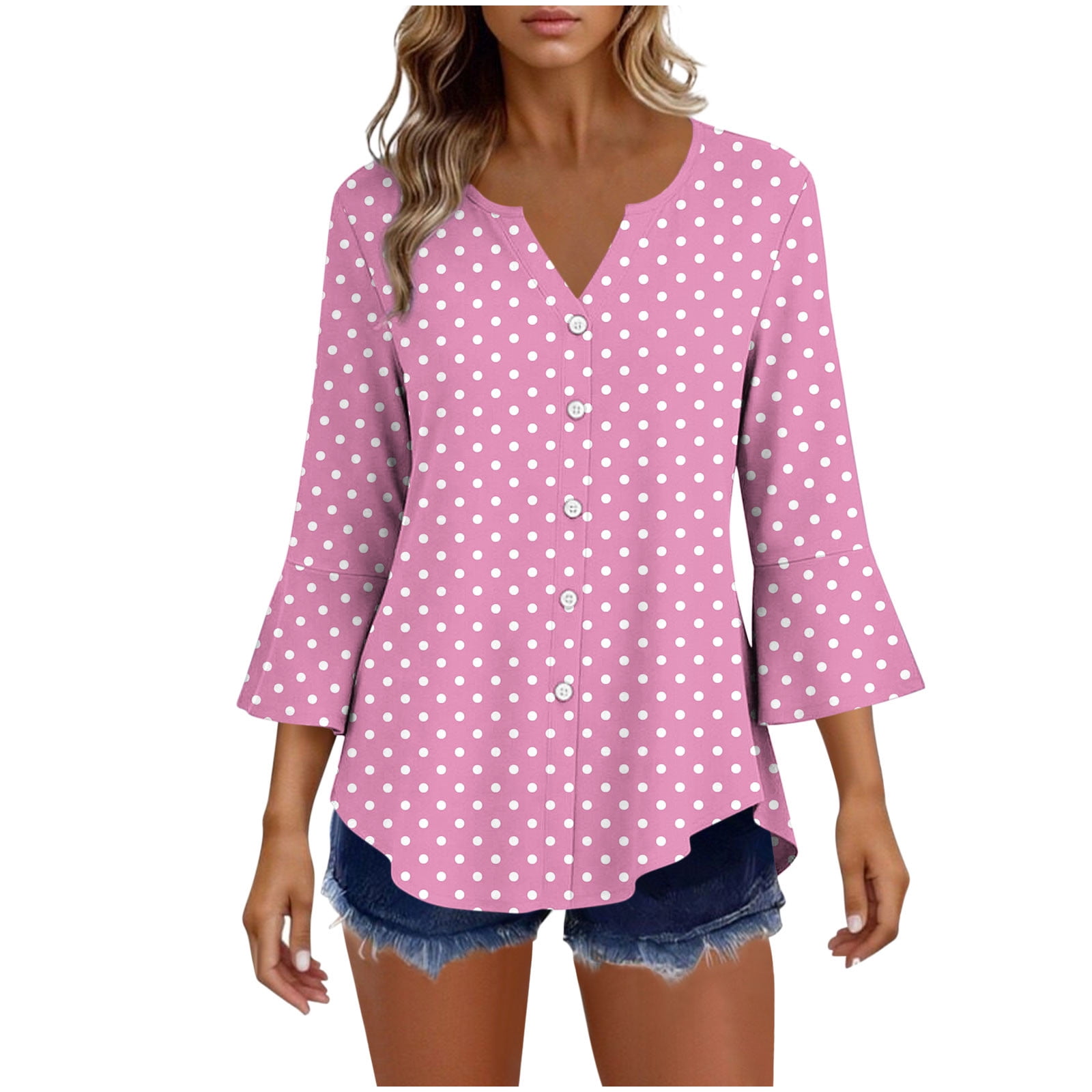 LIaqionyy Women's Polka Dots Tops 3/4 Sleeve Button Front V Neck Casual ...
