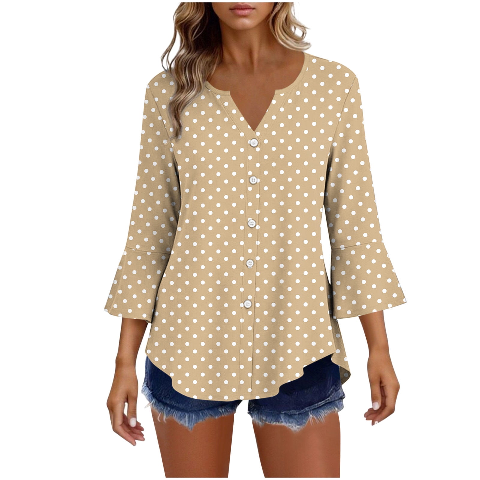 LIaqionyy Women's Polka Dots Tops 3/4 Sleeve Button Front V Neck Casual ...