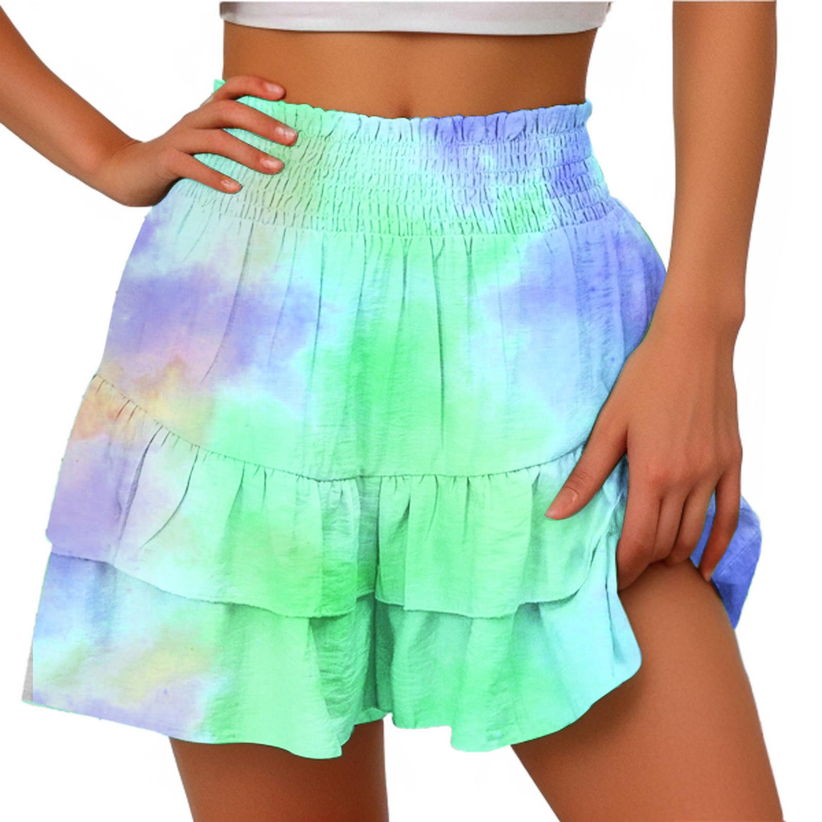 LIaqionyy Women's Smocked Ruffle Short Pants Elastic High Waisted ...