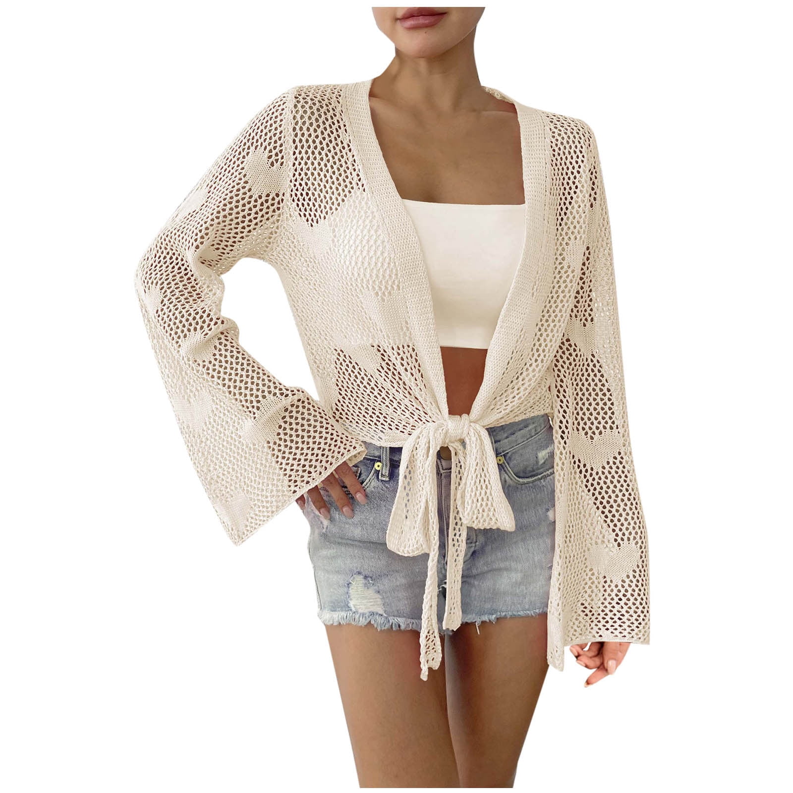 LIaqionyy Womens Crochet Cardigan Tie Front Long Sleeve Lightweight ...