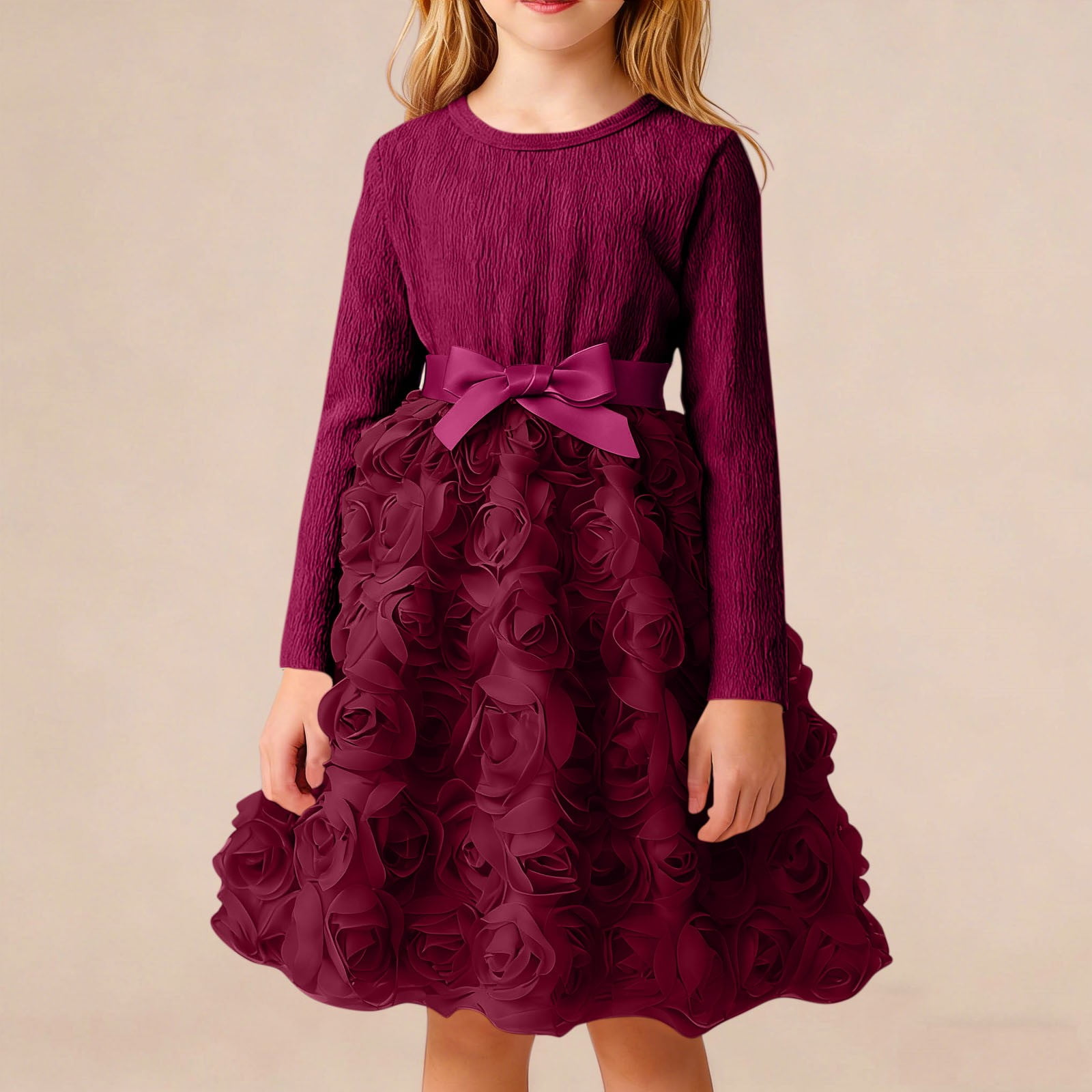 LJEFF Girls' Long Sleeve 3D Rose Dress, Bow Crew Neck Solid Color Party ...