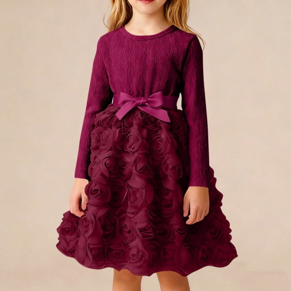 LJEFF Girls' Long Sleeve 3D Rose Dress, Bow Crew Neck Solid Color Party ...