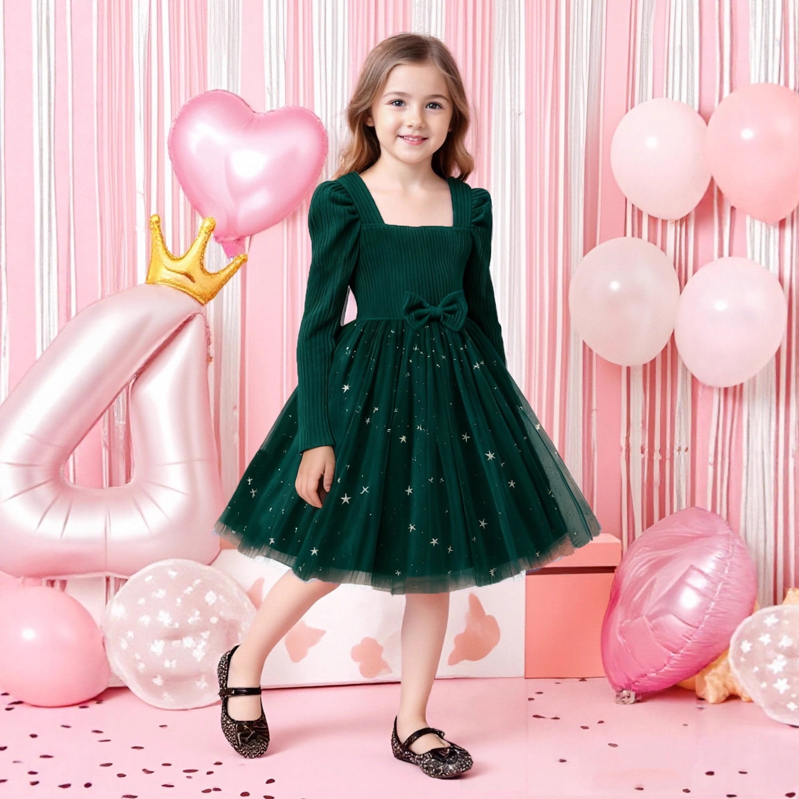 LJEFF Girls Long-Sleeve Dress, Ribbed Knit Puff Sleeves Star Pattern ...