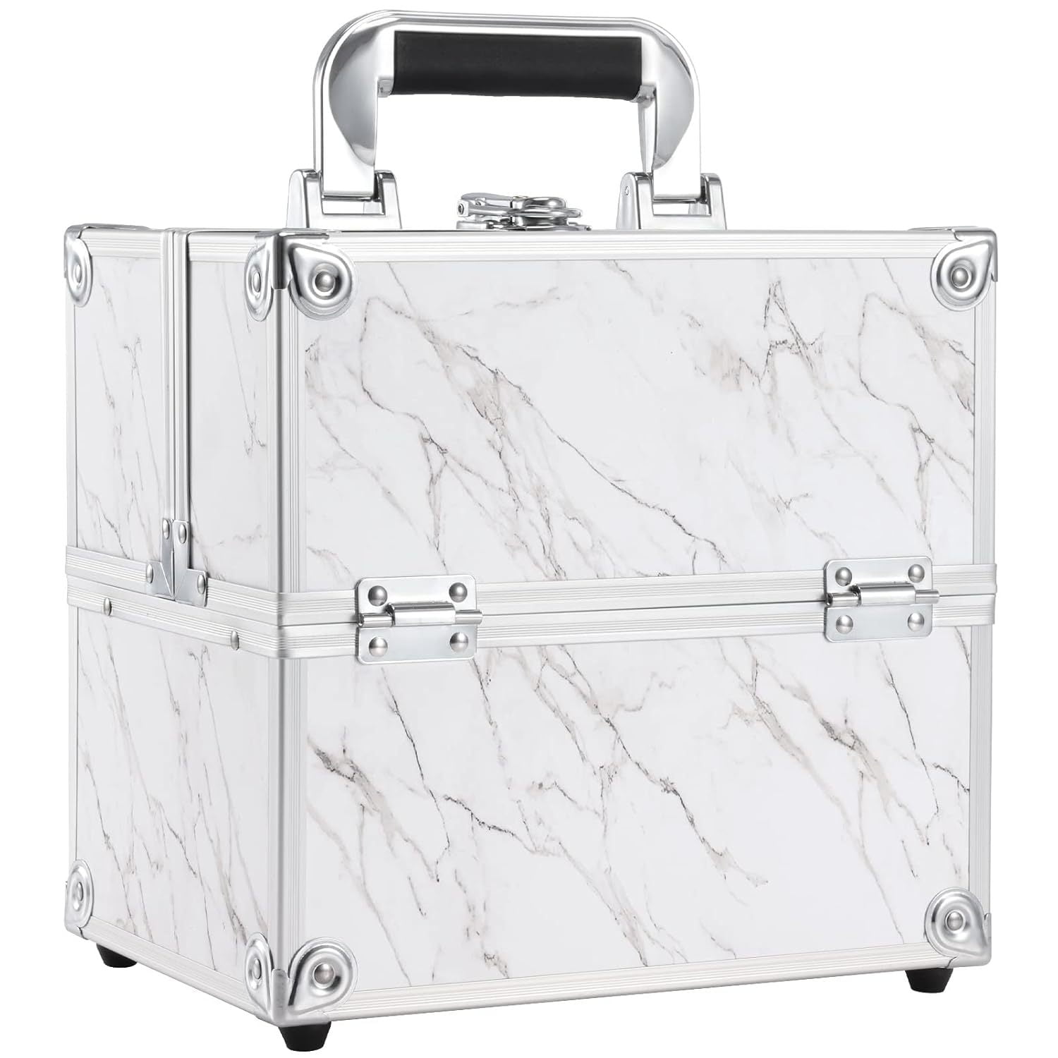 LJHF Marble Leather Makeup Train Case Portable Cosmetic Case 4 Trays ...