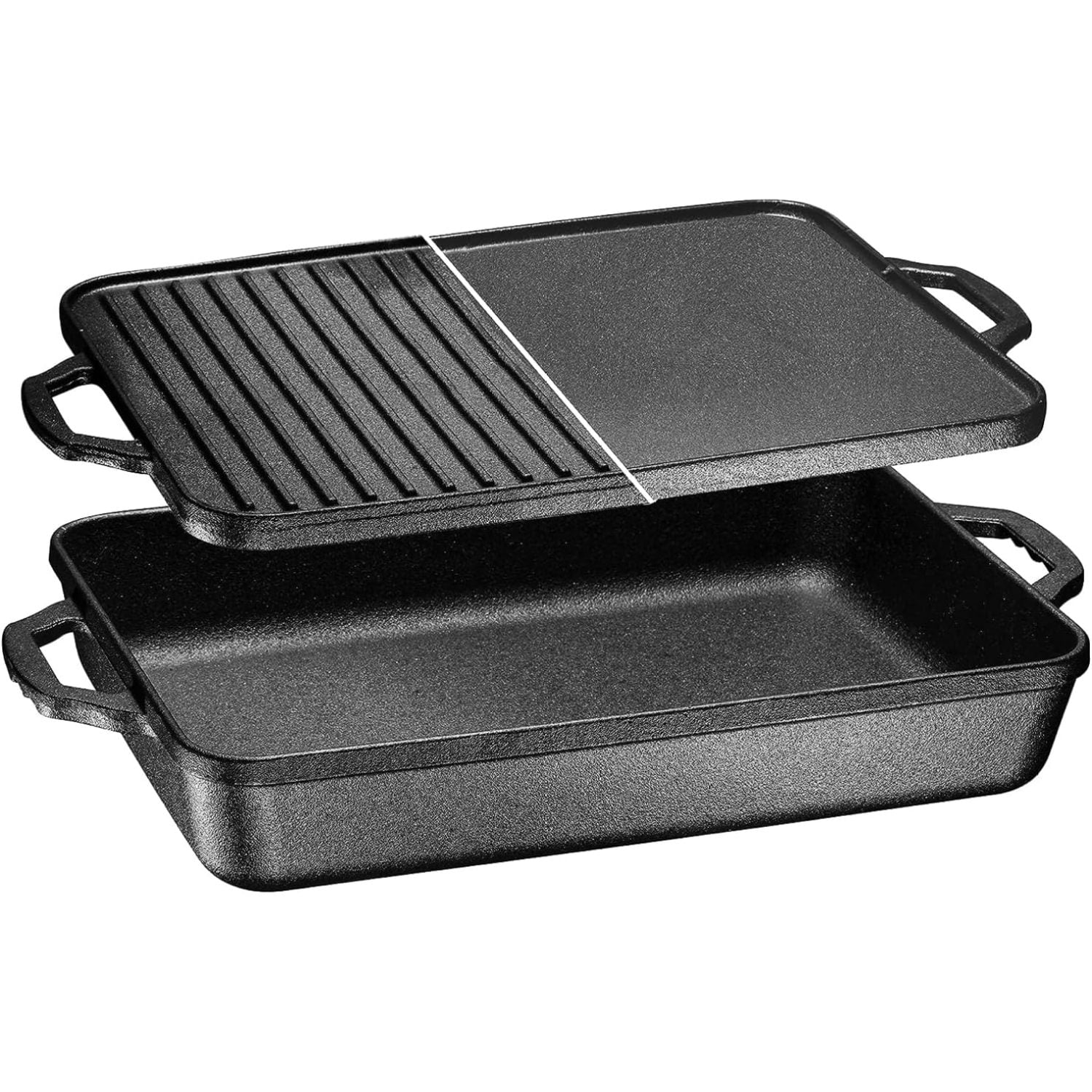 LJUP 3-In-1 Pre-Seasoned Cast Iron Pan with Reversible Grill Griddle ...