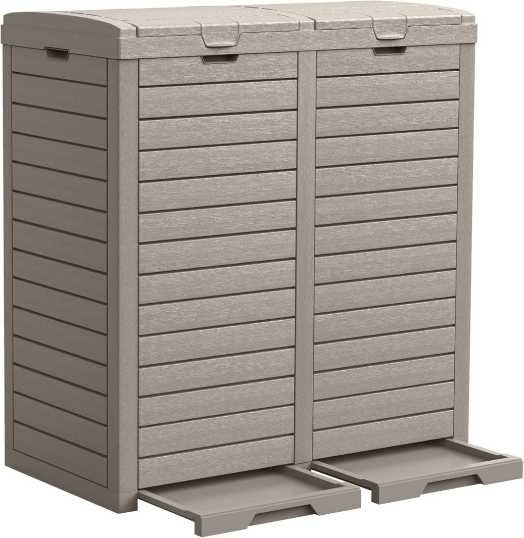 LJUP 76 Gallon Outdoor Resin Trash Can with Dual Lid and Drip Trays ...