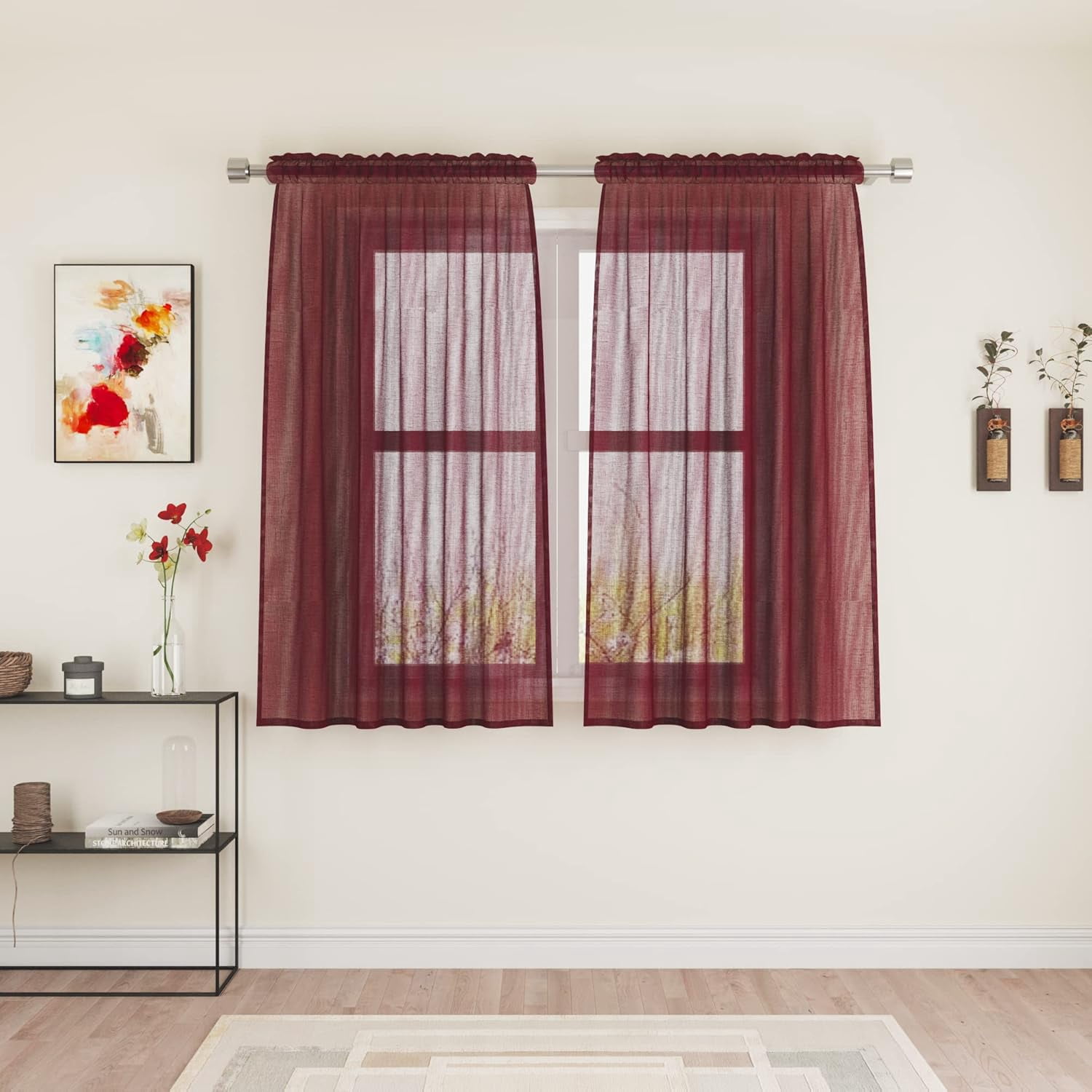 LKIFFA-Burgundy Red Sheer Curtains 54 inches Long Living Room Curtain ...