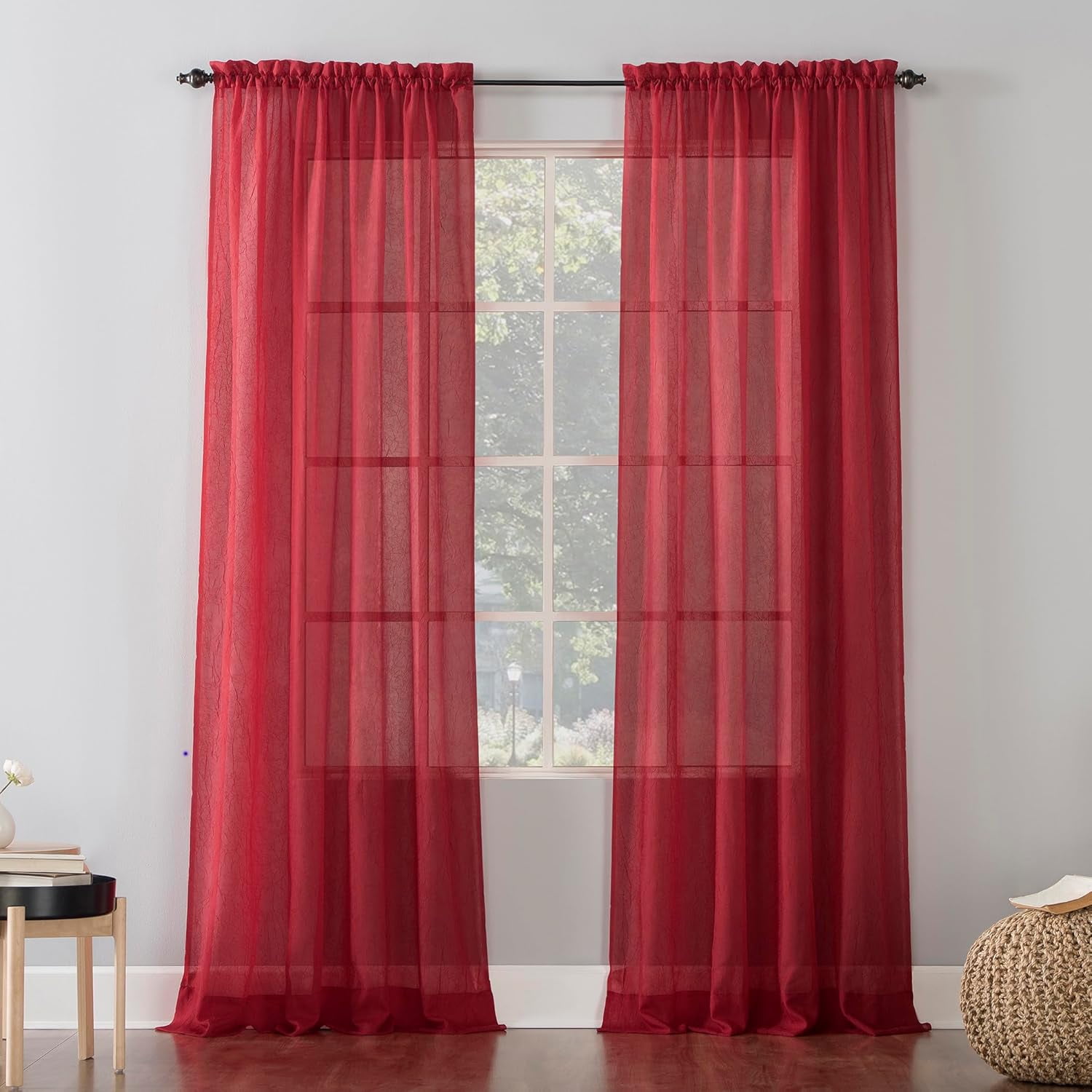 LKIFFA-Erica Crinkled Voile Sheer Rod Pocket Curtain Panel, Red, 51"W x ...
