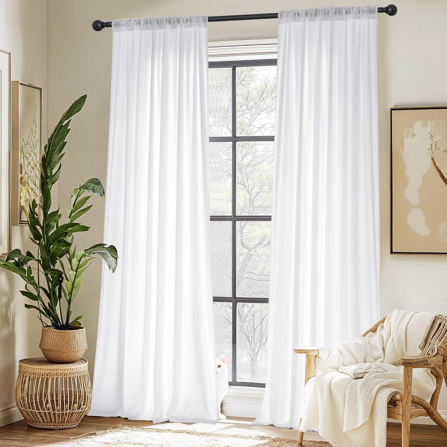 LKIFFA-Pure White Non-See-Through Privacy Sheer Curtains 52 x 96 Inches ...