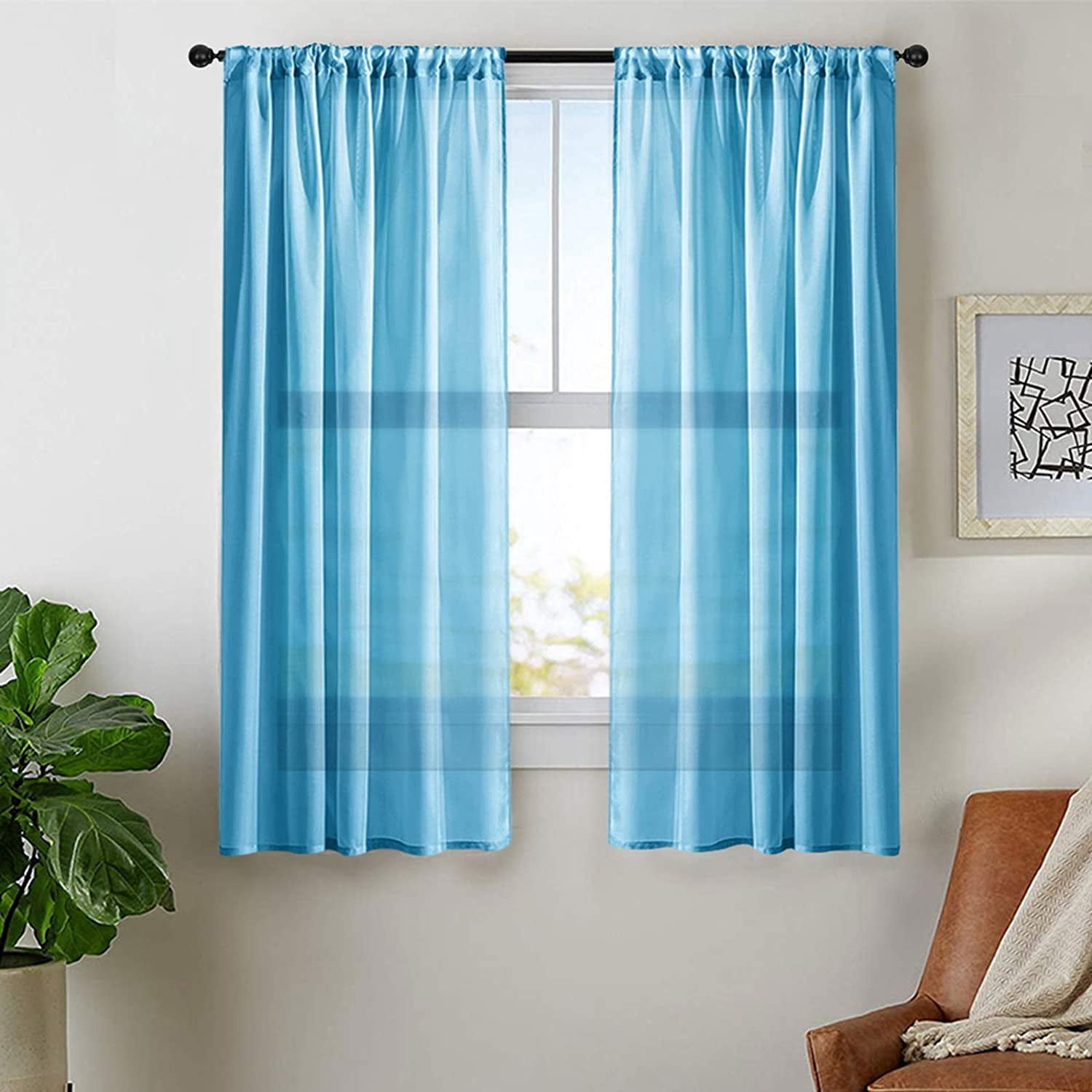 LKIFFA-Sheer Curtains 54 inches Long Bedroom Sky Blue Window Curtain ...