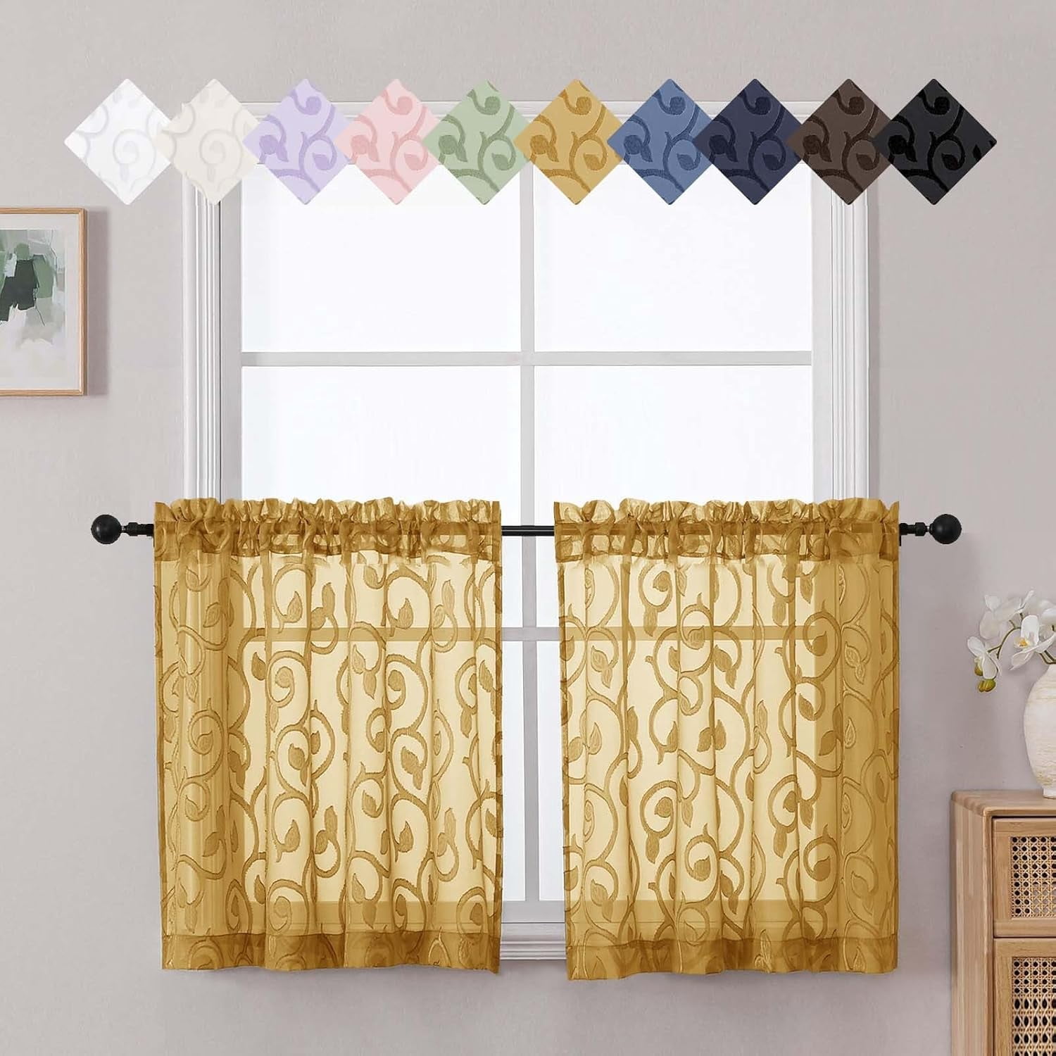 LKIFFA-Sheer Gold Kitchen Curtains Tier 24 Inch Length 2 Panels Set ...
