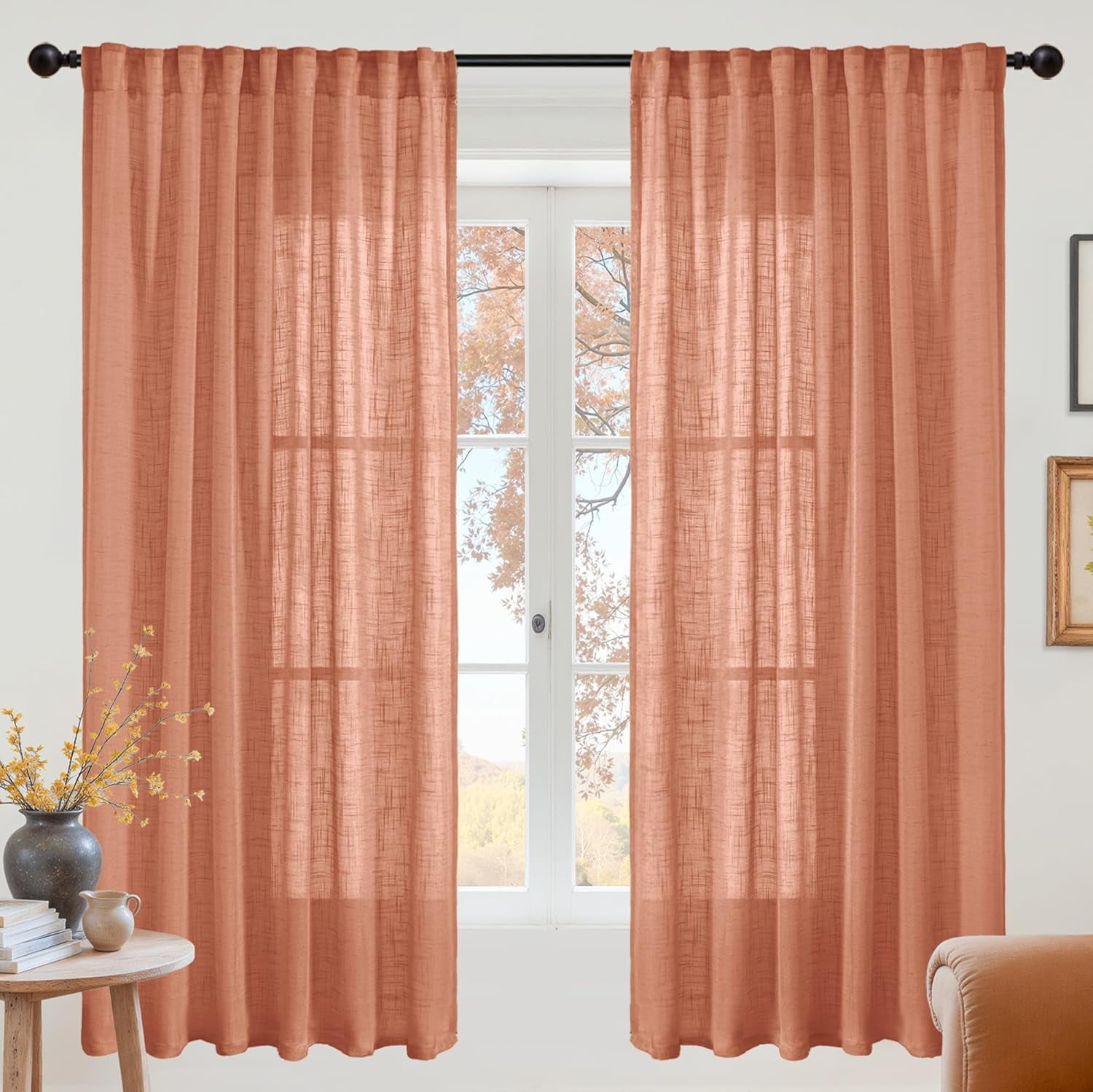 LKIFFA-Terracotta Linen Semi Sheer Curtains 63 Inches Long - Burnt ...