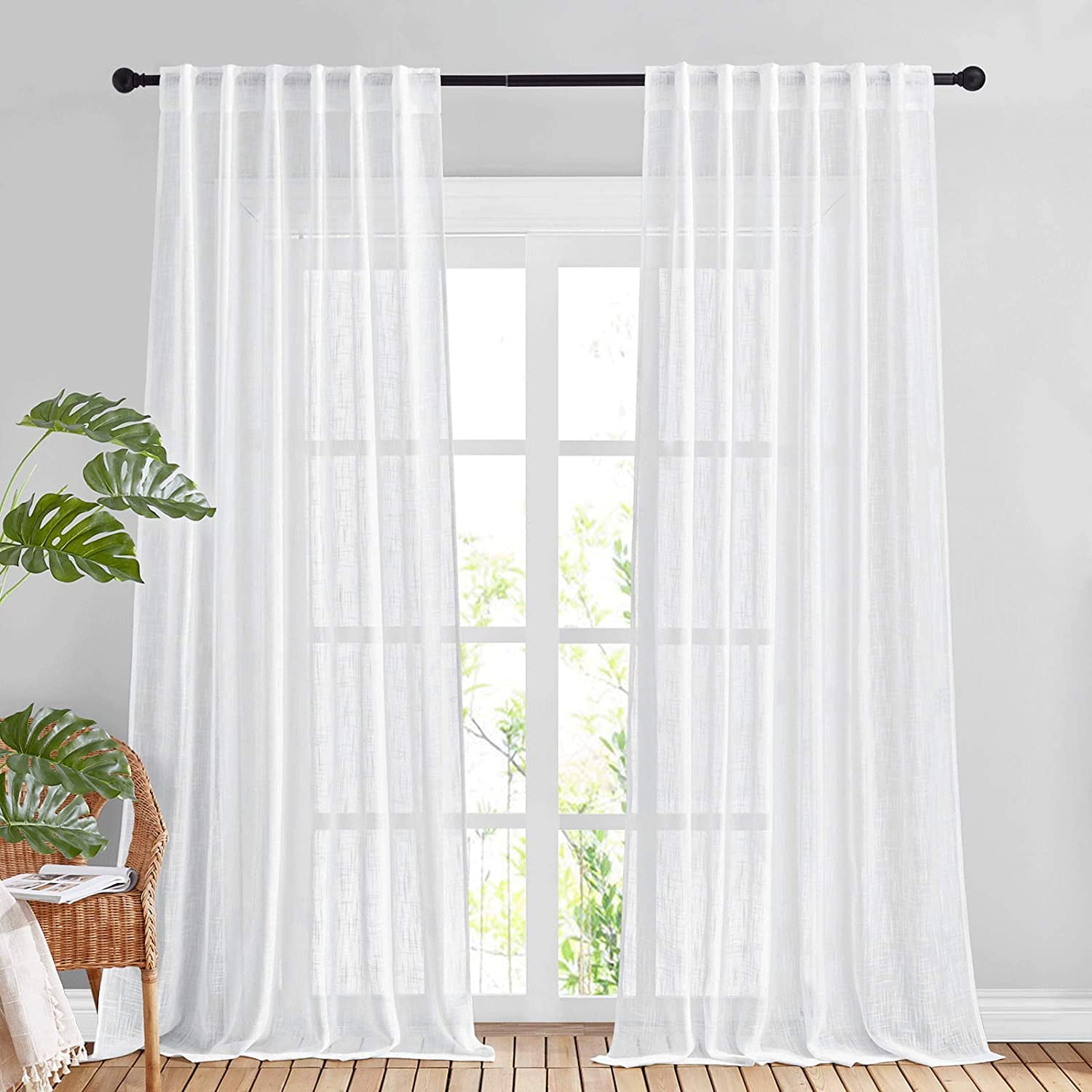 LKIFFA-White Linen Sheer 120 inch Curtains for Living Room, Rod Pocket ...