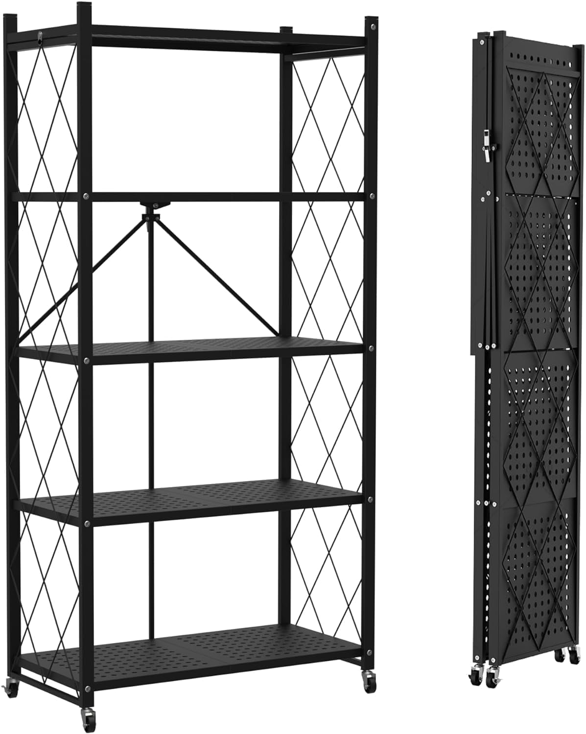 LKUPM 5-Tier Foldable Storage Shelf with Wheels - Metal Collapsible ...