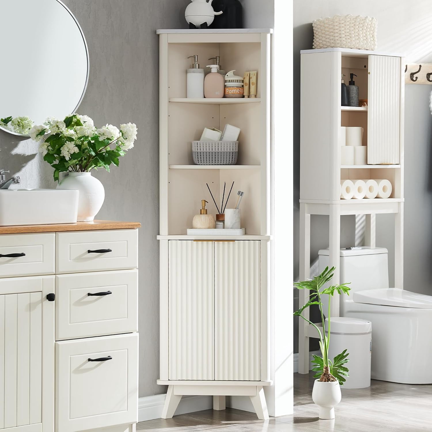 LKUPM 68" Tall Corner Cabinet, Modern Fluted Storage Cabinet with Faux ...