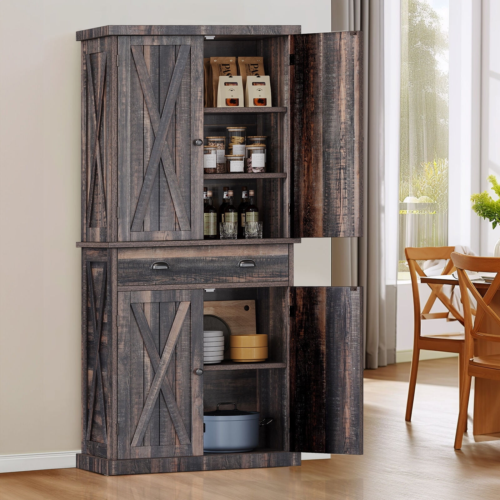 LKUPM 72" Large Freestanding Kitchen Pantry Cabinet - Rustic Cupboard ...