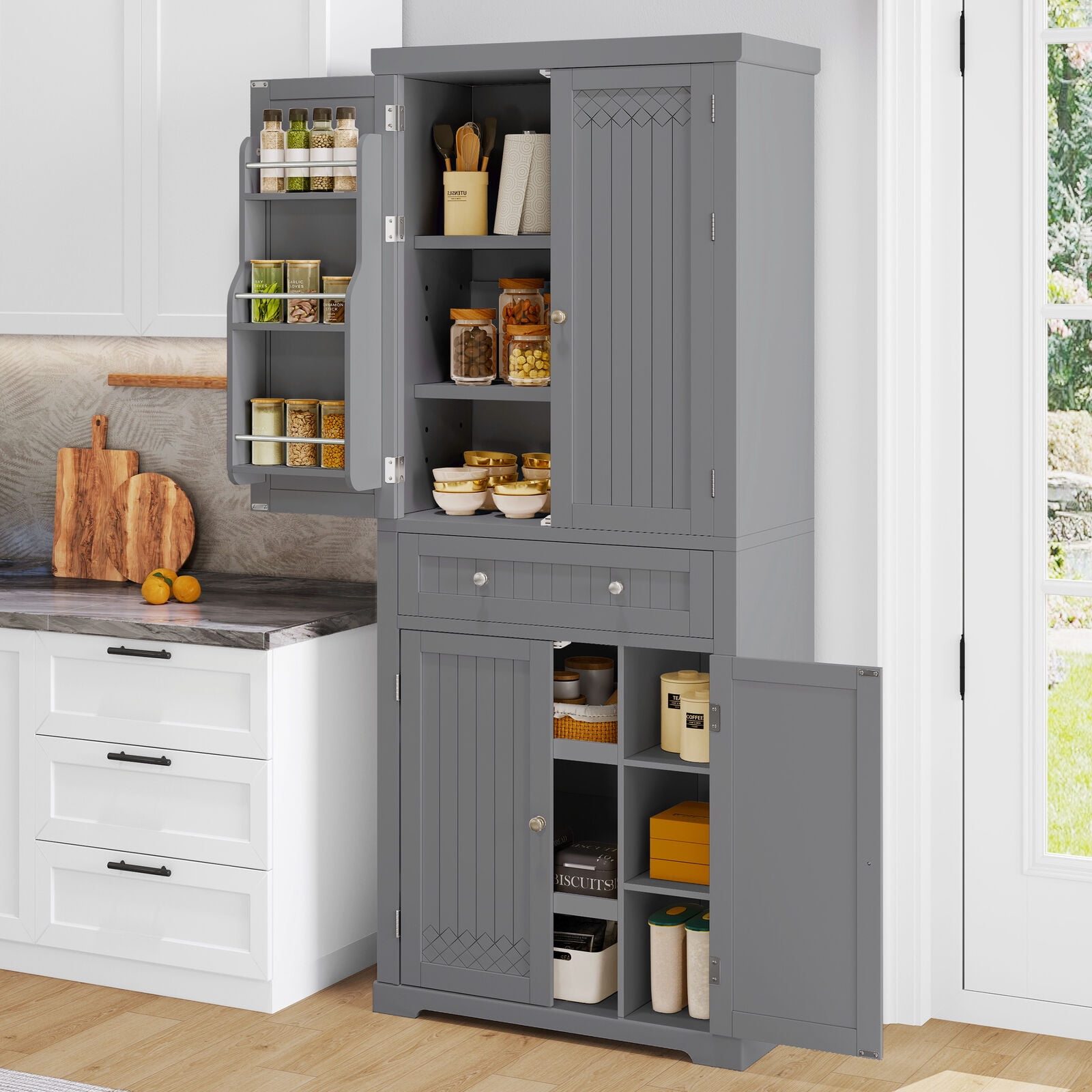 LKUPM 72" Tall Kitchen Pantry Storage Cabinet - Equipped with Rustic ...
