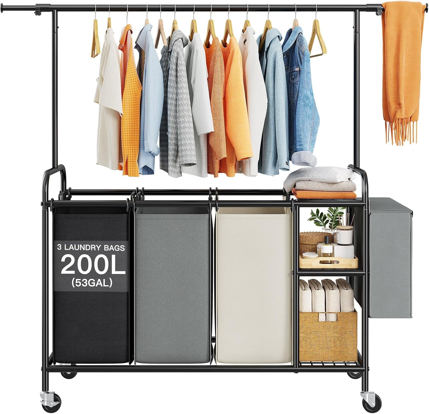 LKUPM Laundry Sorter 3 Section Rolling Laundry Hamper Cart with Shelf ...