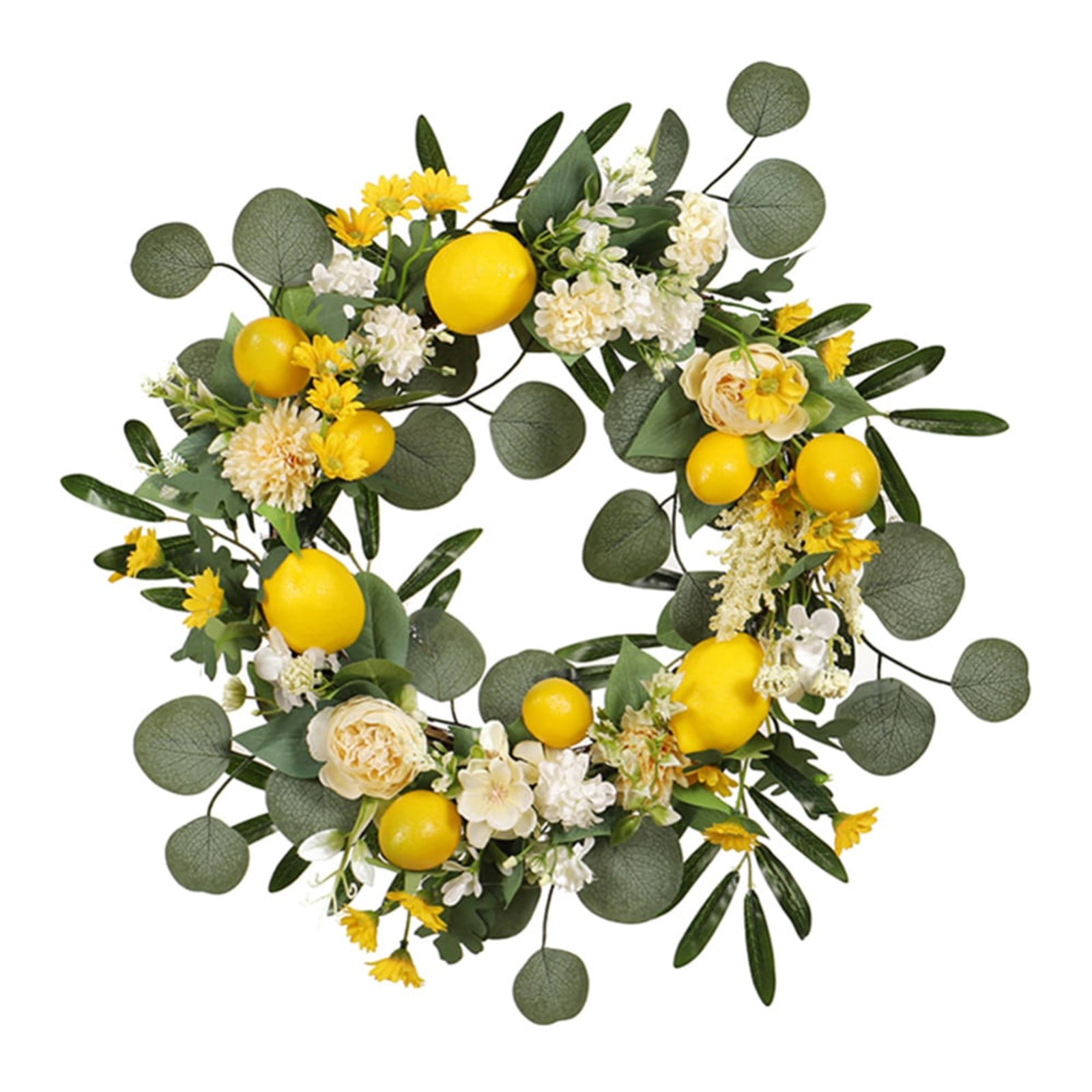 LKWLPD 18 inch Artificial Lemon Wreath for Front Door Yellow Peony ...