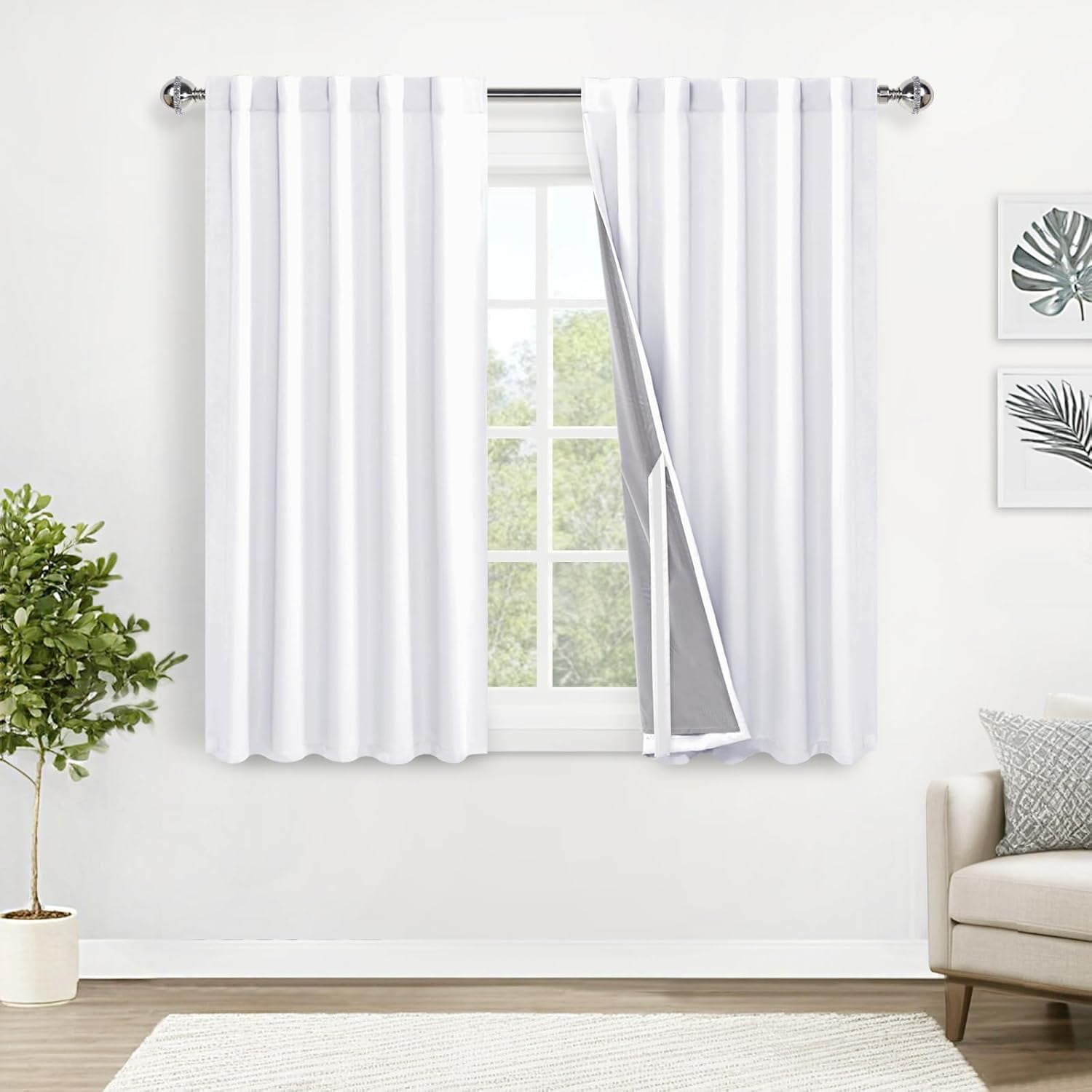 LKYUHGS-White 100% Blackout Curtains 54 Inches Long with Tiebacks- Rod ...