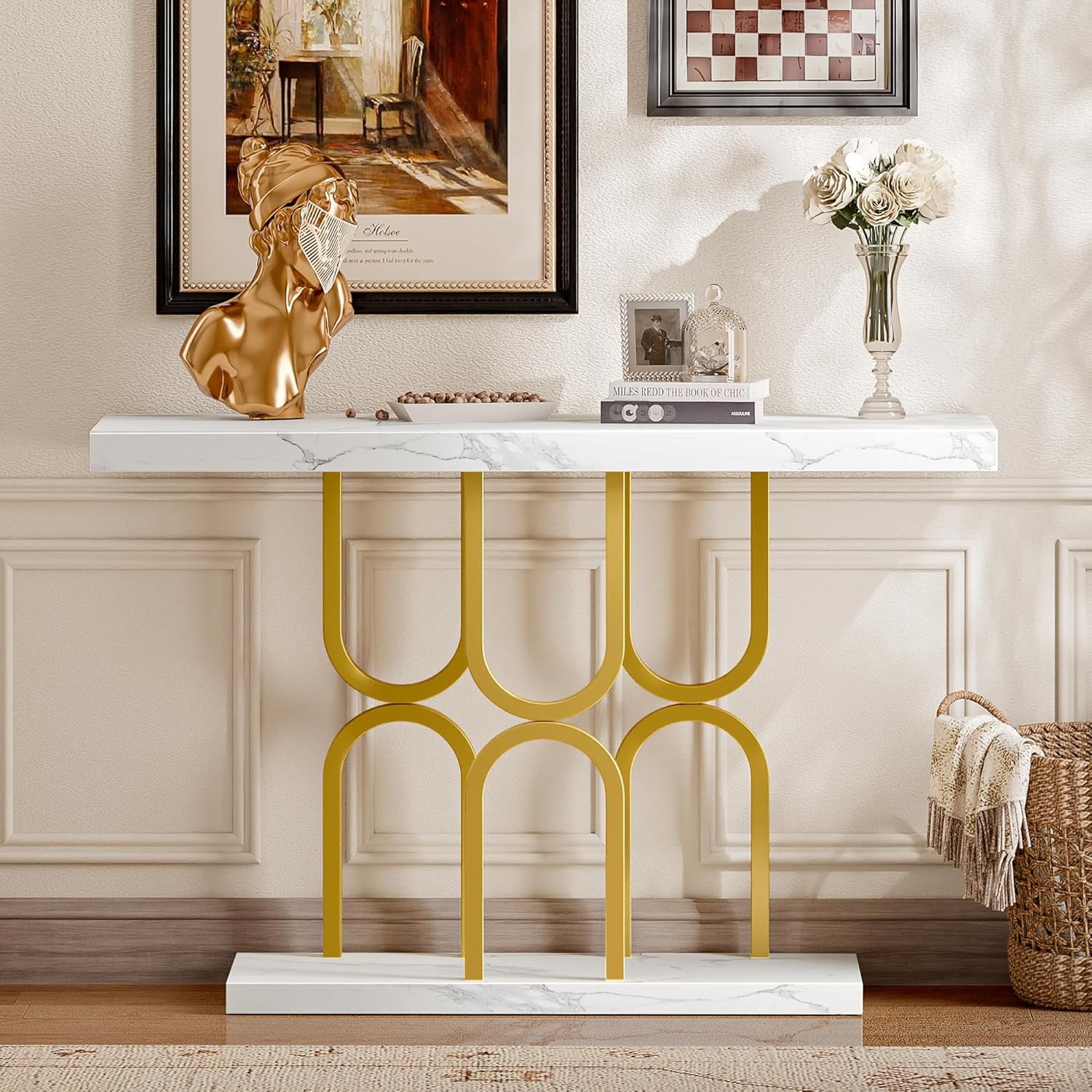 LL 47.2 Inch Entryway Table with Marble Top, Modern Console Sofa Table ...
