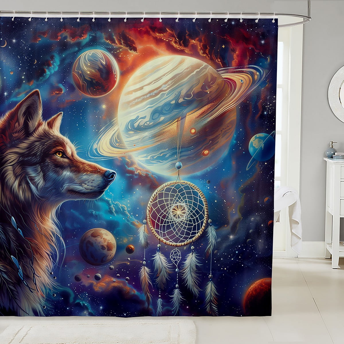 LL Boho Wolf Bathroom Shower Curtain Sets Dreamcatcher Moon Stars ...