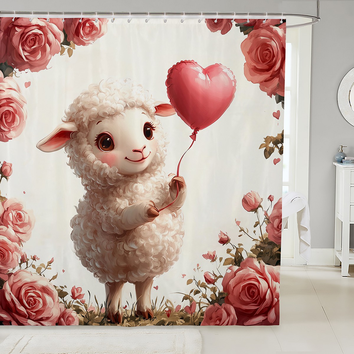 LL Floral Sheep Shower Curtain Set,Red Rose Flower Sheep Bathroom ...