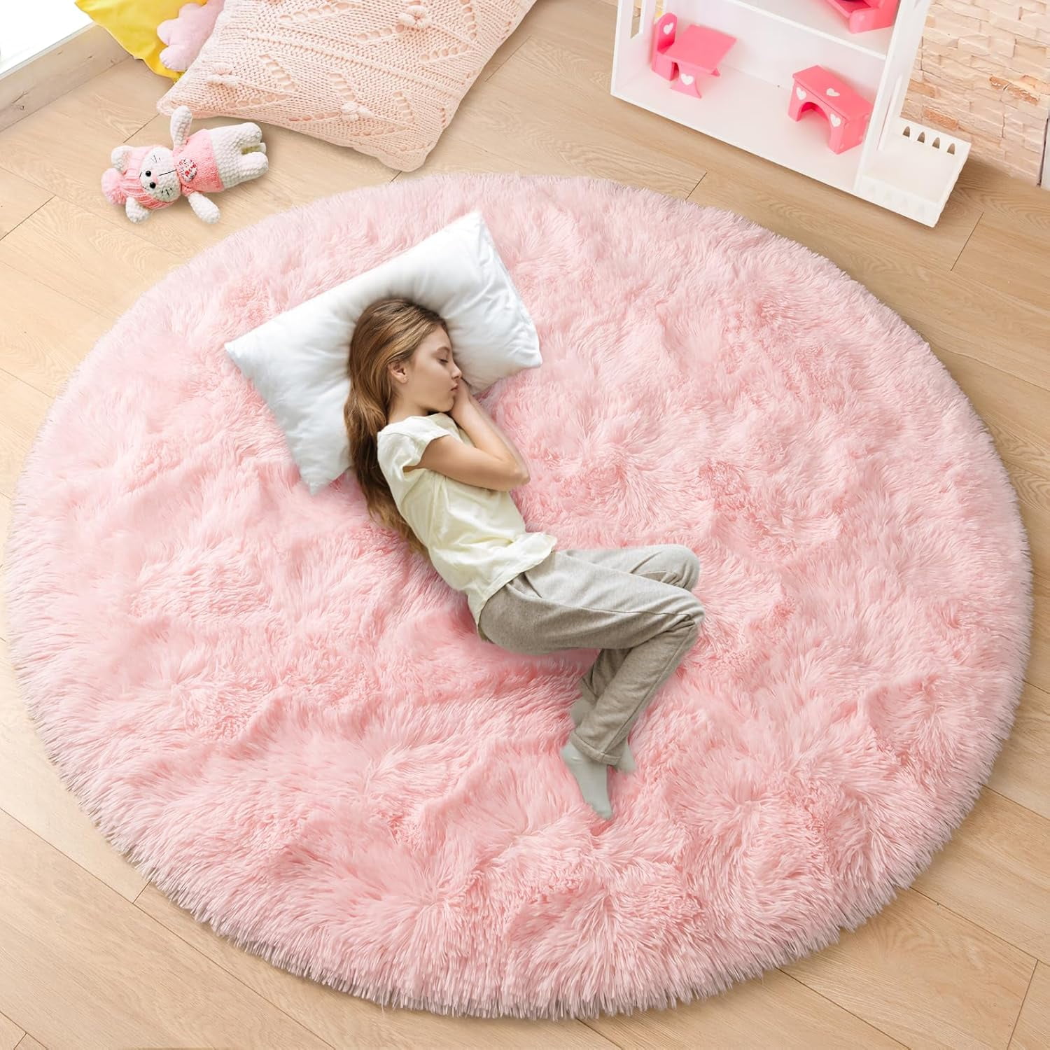 LL Pink Round Rug 4x4 Feet Fluffy Soft Area Rugs for Kids Girls Room ...