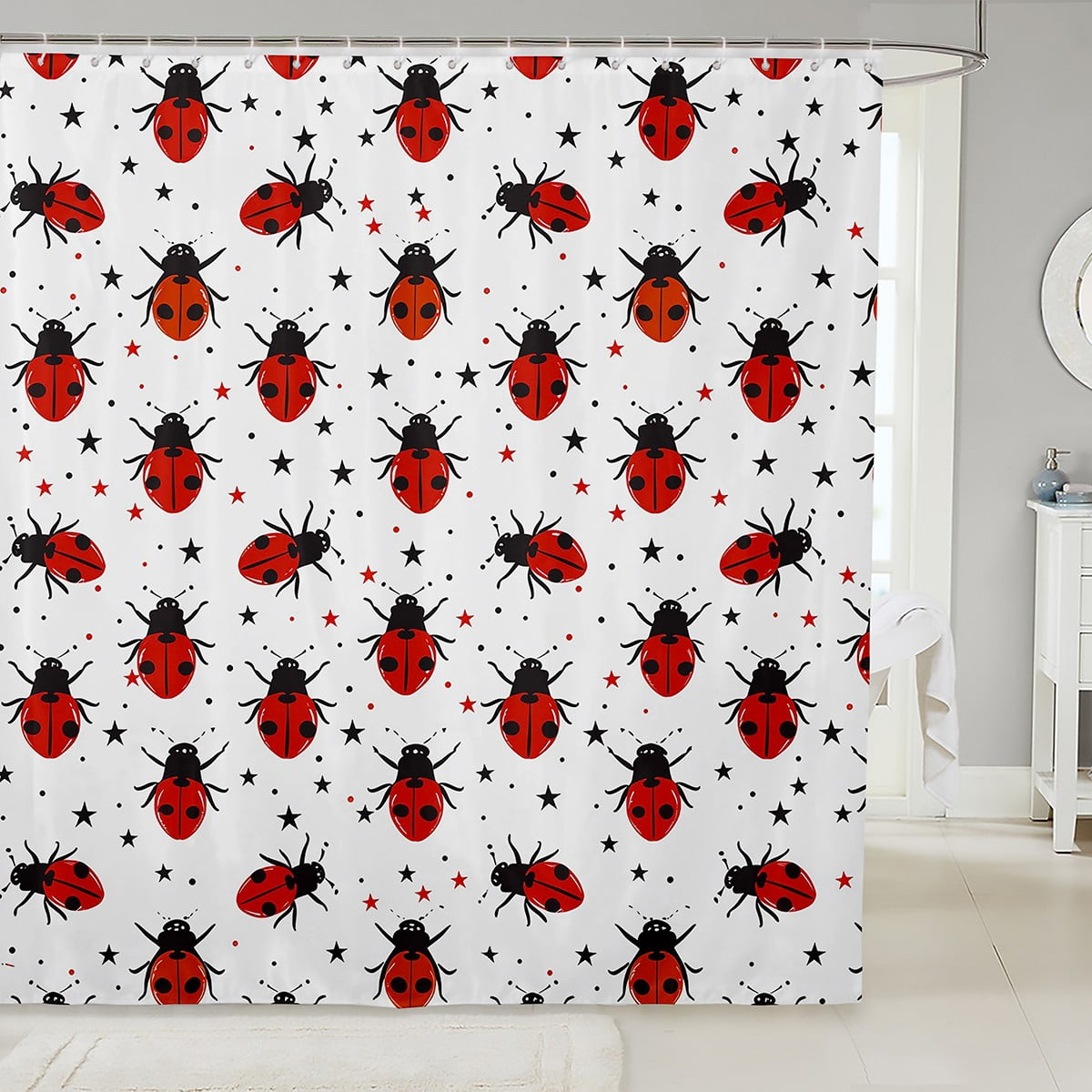 LL Red and Black Ladybug Shower Curtain Set,Cartoon Reptile Ladybug ...