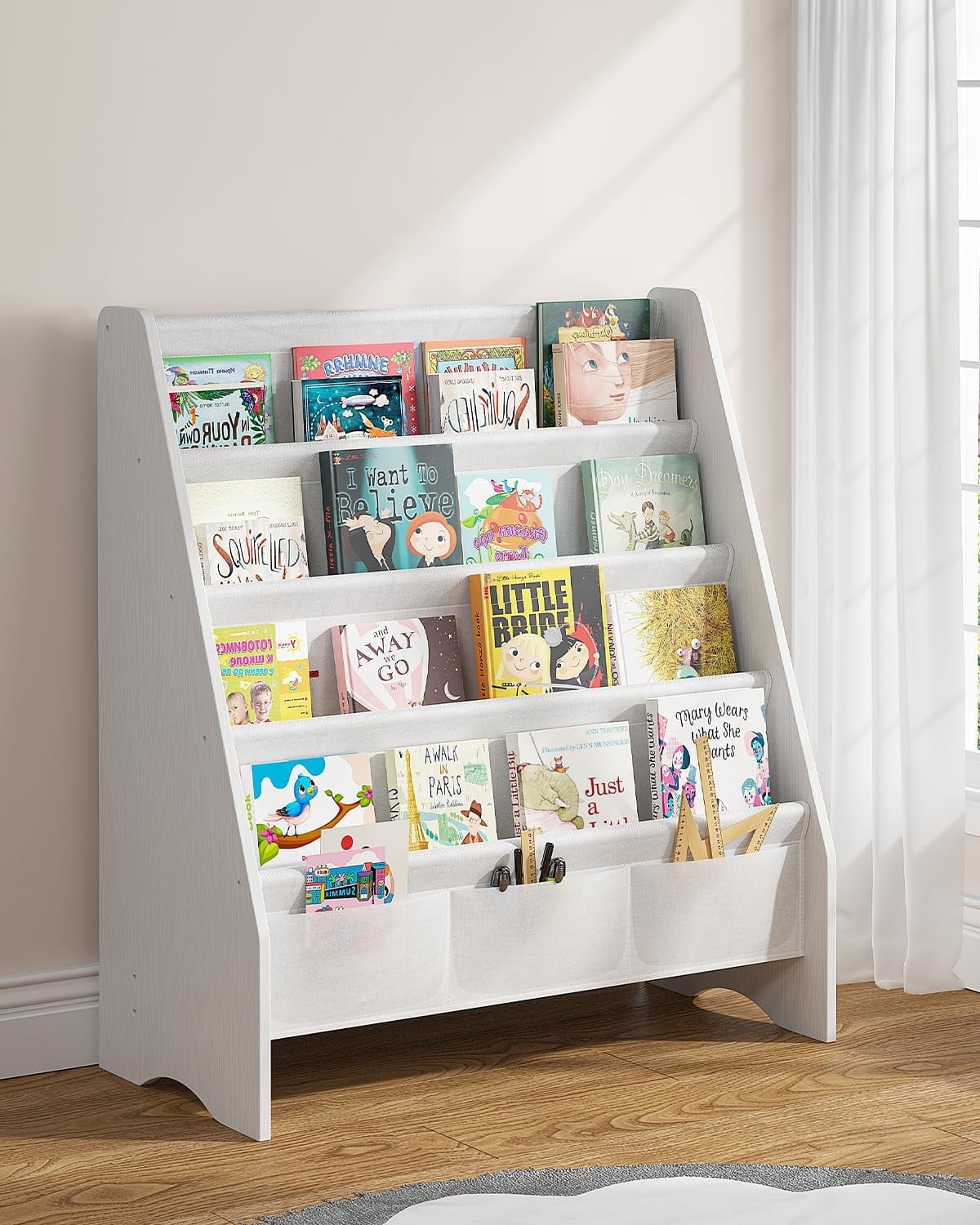 LL Sturdy Kids Bookshelf, Eco-Safe 4-Tier Sling Bookshelf for Kids Room ...