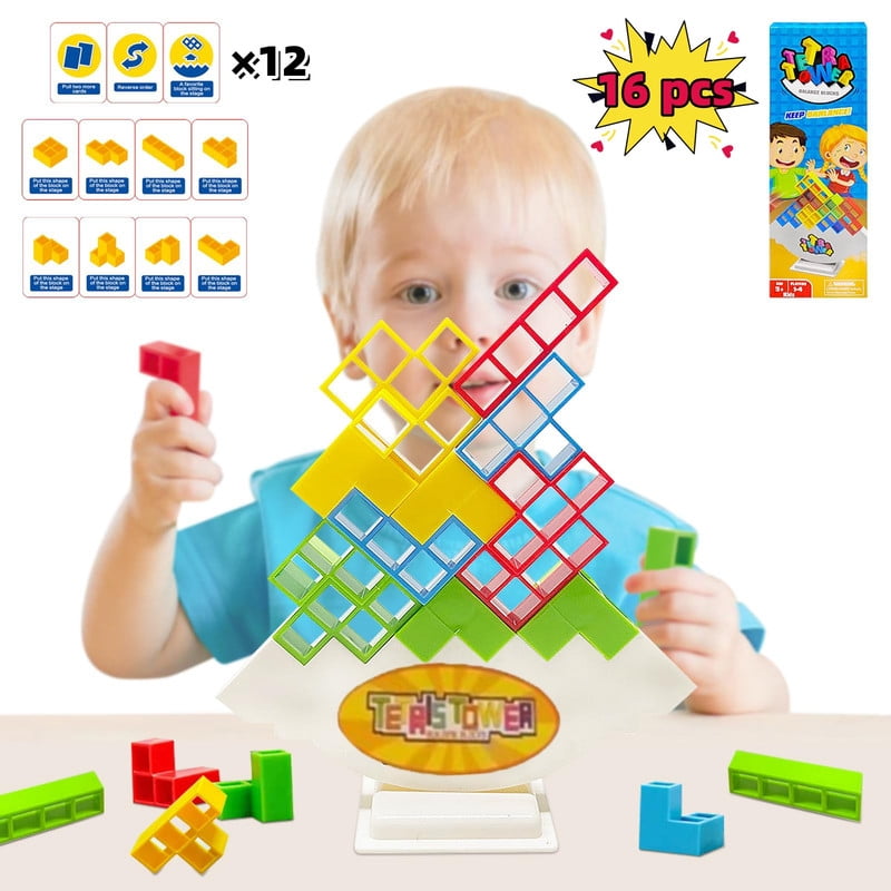 LLESSOO 16 Pcs Tetra Tower Balance Stacking Blocks Game, Board Games ...