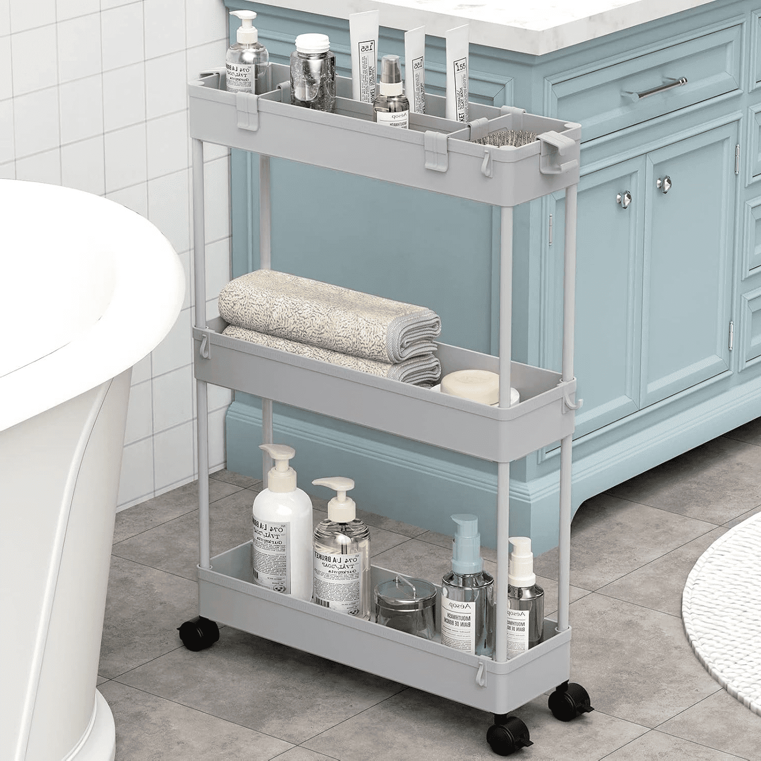 LLMRR 3 Tier Slim Rolling Cart, Bathroom Storage Cart with Lockable ...