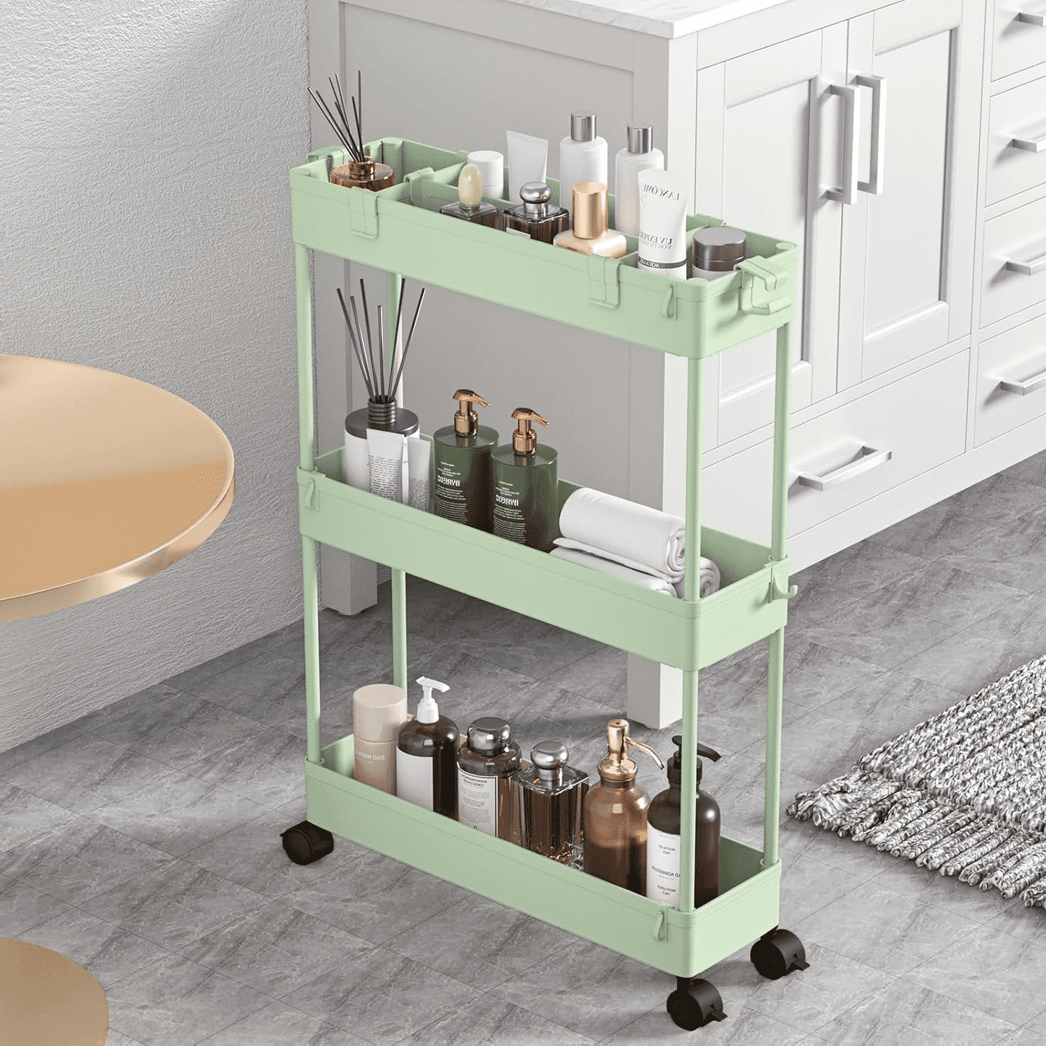 LLMRR 3 Tier Slim Rolling Cart, Bathroom Storage Cart with Lockable ...