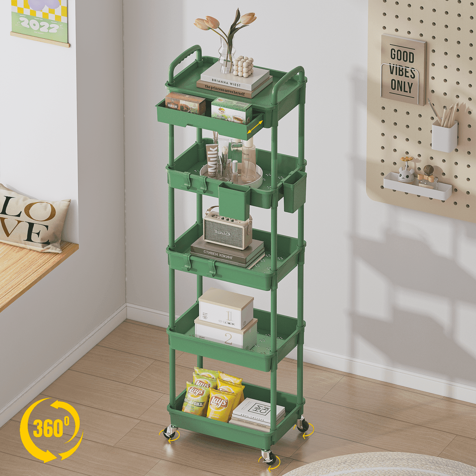 LLMRR 5 Tier Rolling Cart with Drawer, Utility cart with Handle ...