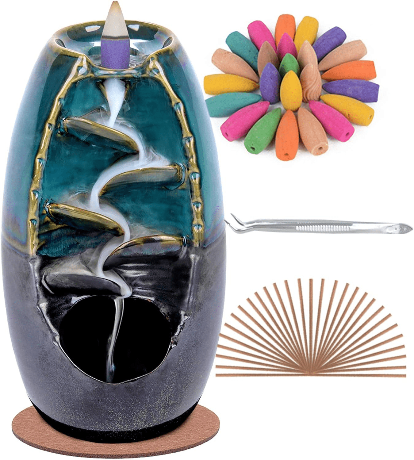LLMRR Ceramic Waterfall Backflow Incense Burner, Blue Aromatherapy ...