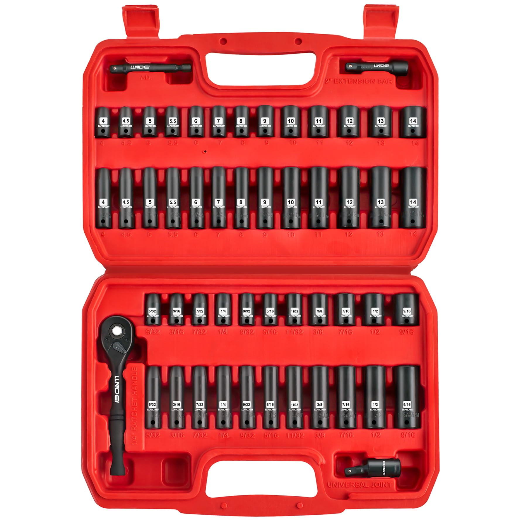 LLNDEI 1/4”Drive Impact Socket Set, 52 PCS Mechanic Tool Set with 72 ...