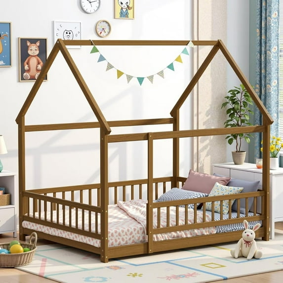 LLS Full Size Montessori Floor Bed Frame with Slats and Fence, Wooden ...