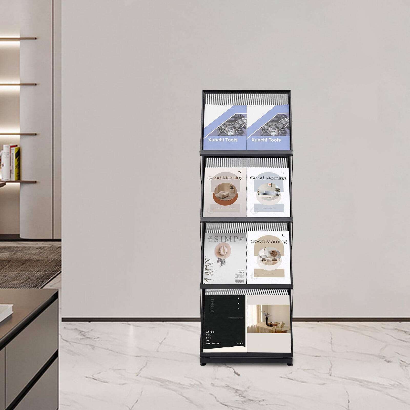 LLToo Modern Black 4-Level Brochure Display Rack - Foldable Magazine ...
