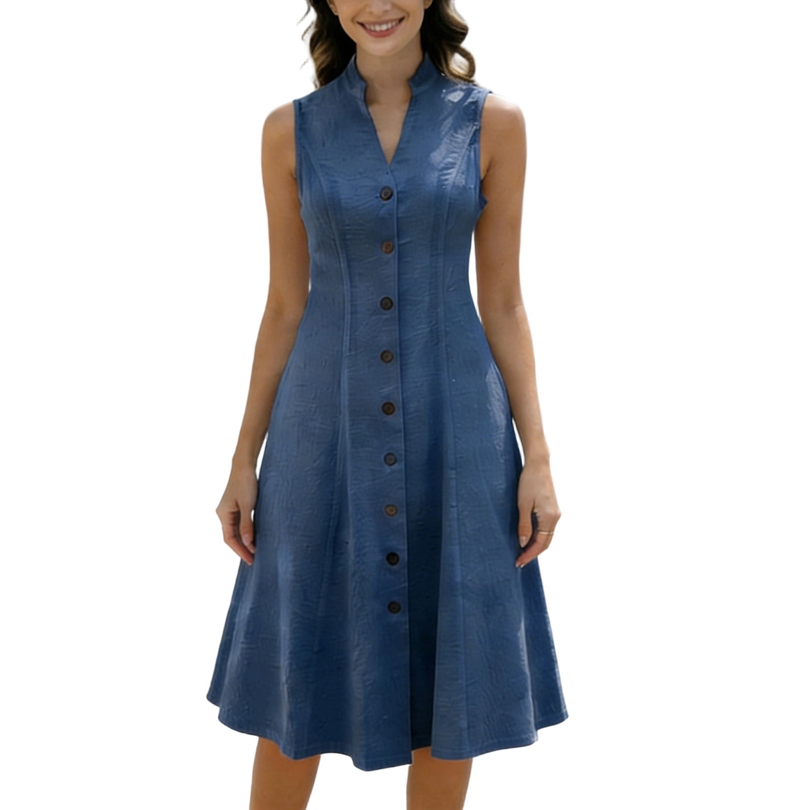 LLYWEY Women's Sleeveless Shirt Dress: Solid Color, V-Neck, Button-up ...