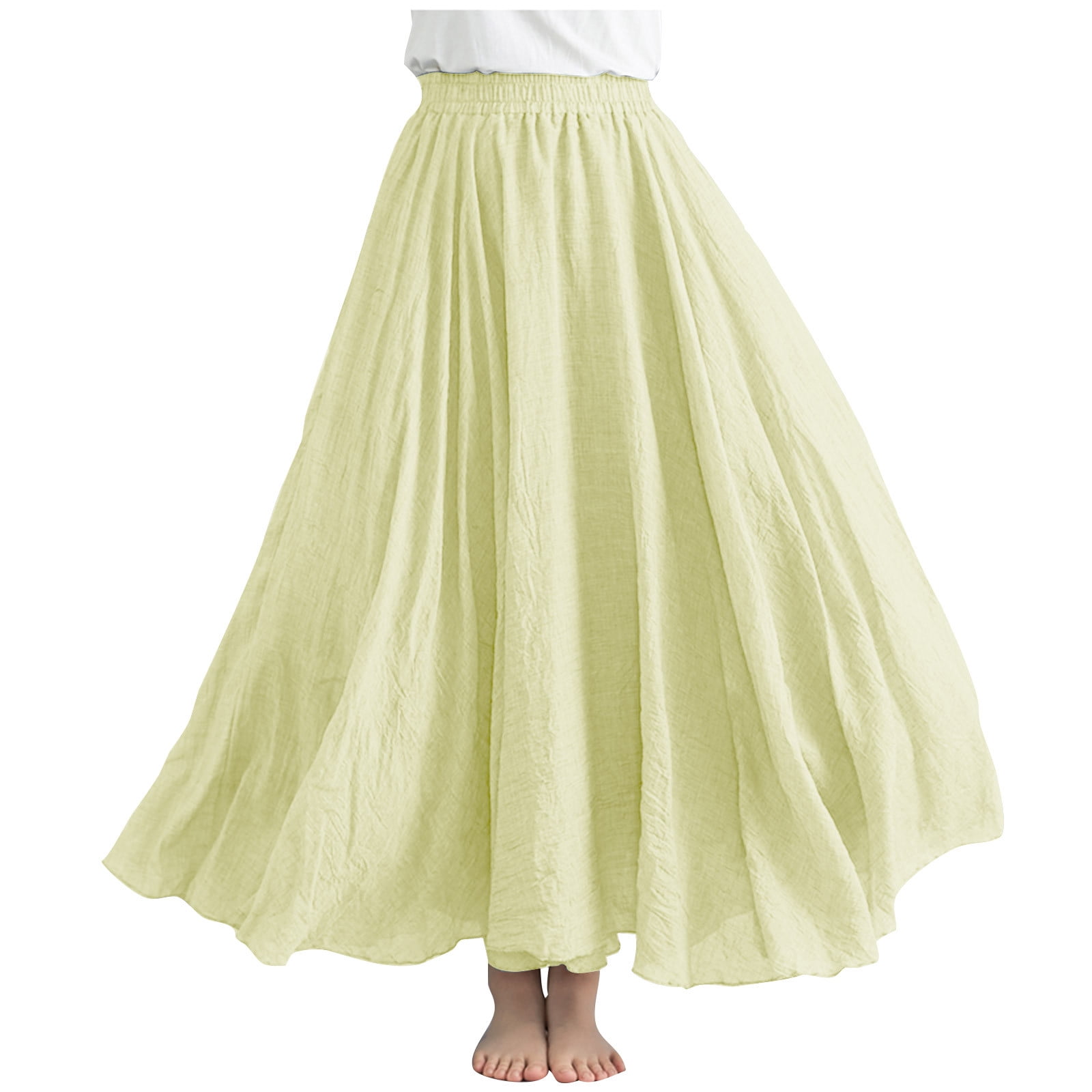 LLYwey Linen Skirts for Women Elastic Waist Long Flowy Bohemian Cotton ...