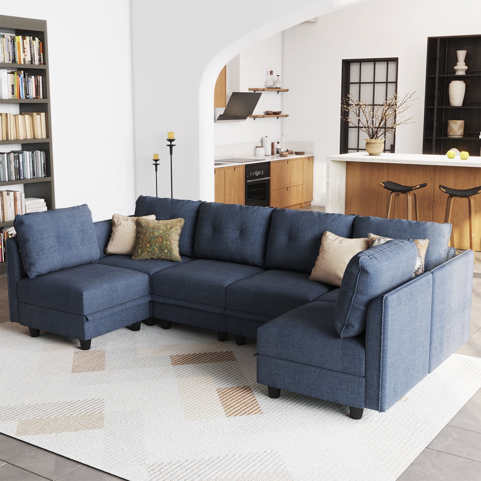 LLappuil Modular Sofa Reversible U Shaped Sectional Couches with Ottomans 6 Seater Modular Couch with Storage for Living Room Denim Blue