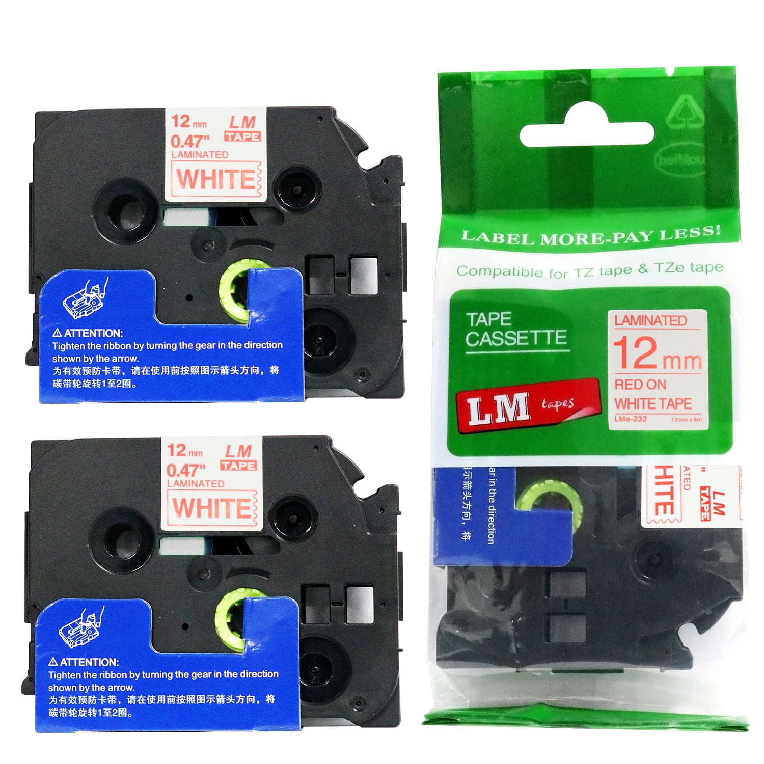 LM Tapes - 2/Pack Premium 1/2" Red Print on White Label Compatible with ...