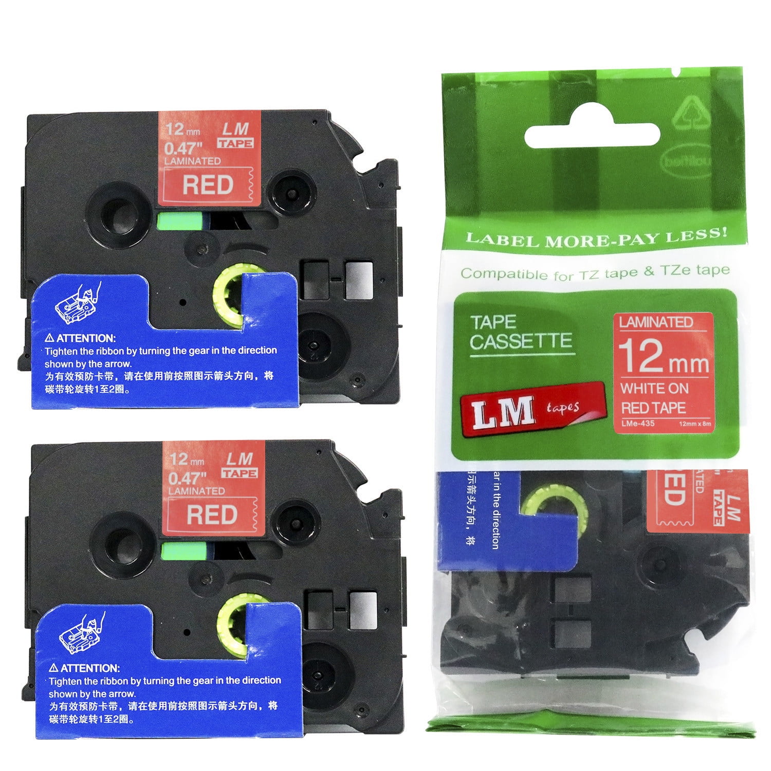 LM Tapes - 2/Pack Premium 1/2" White Print on Red Label Compatible with ...