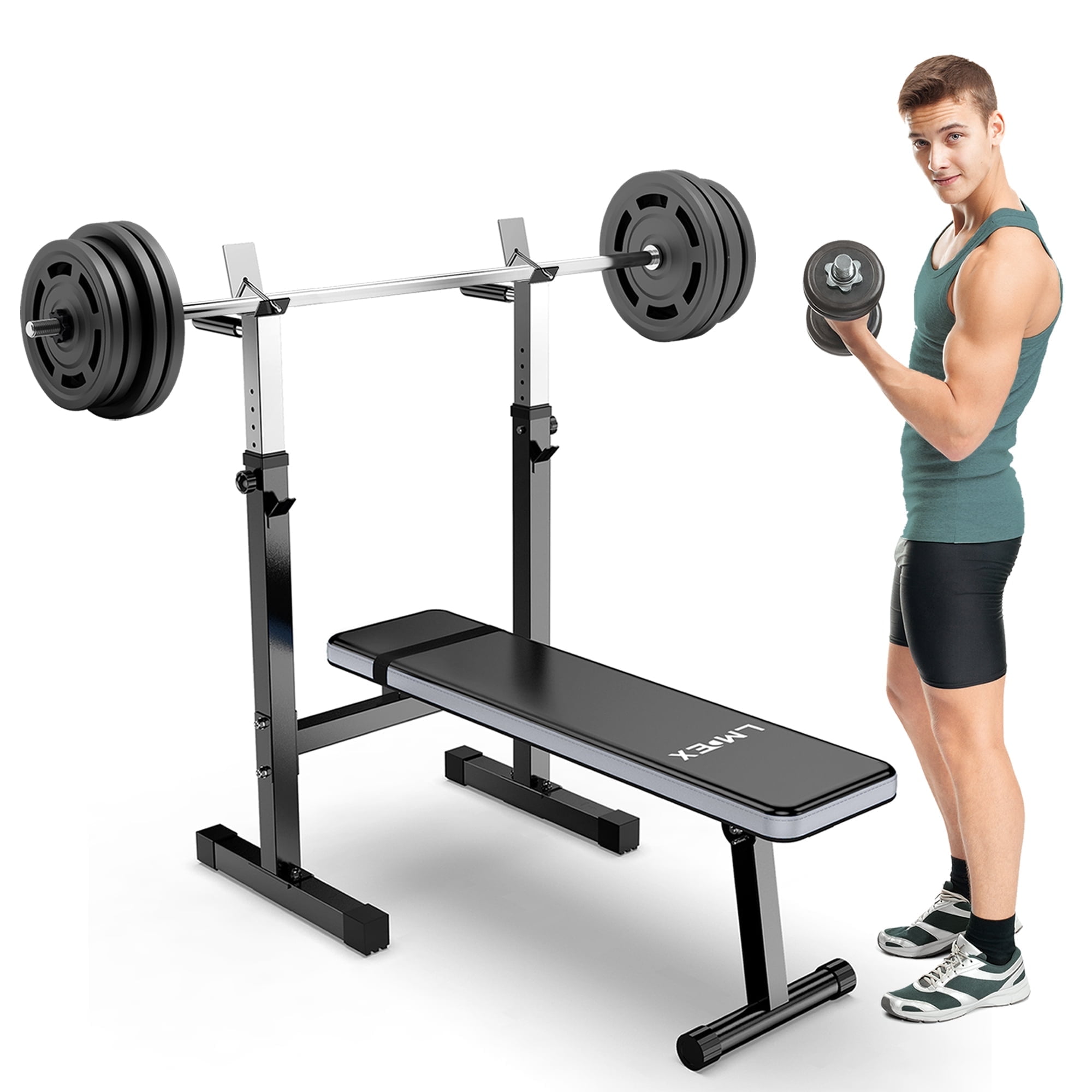 LMDEX Adjustable Weight Bench Folding Fitness Barbell Rack for Full ...