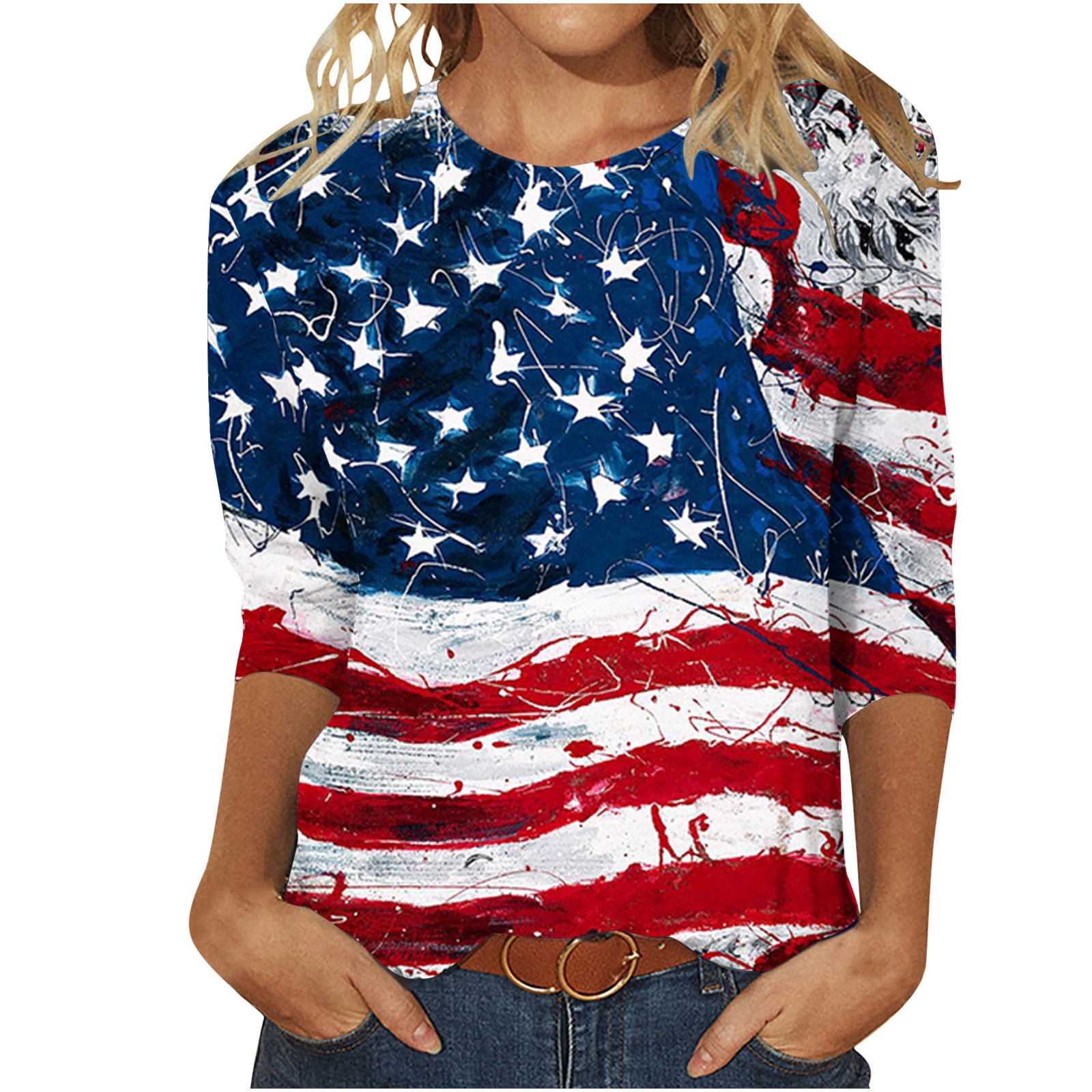 LMKIHUSA Patriotic Tee Women,4th of July Shirts Women 3/4 Sleeve Round ...