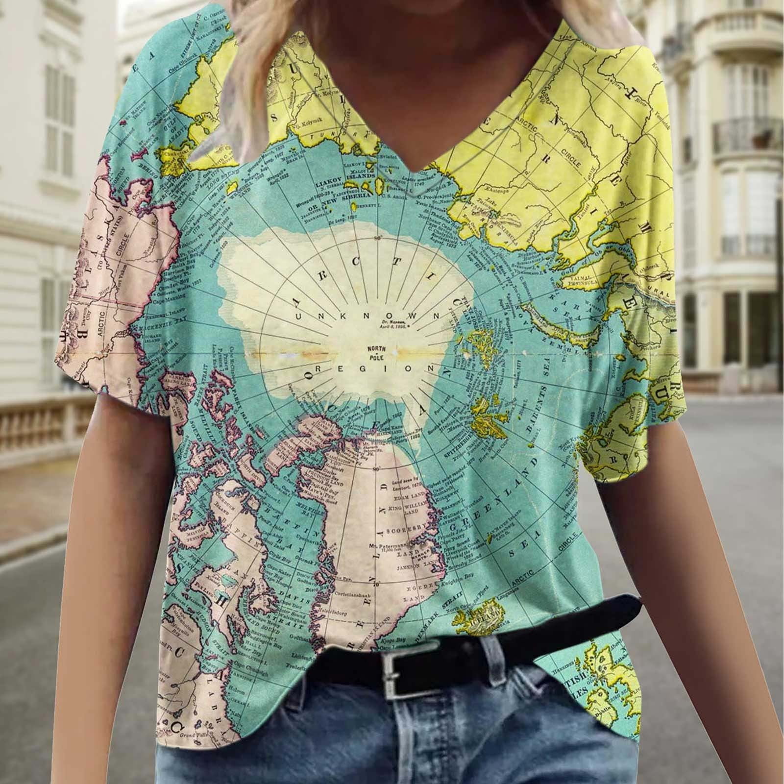LMKIHUSA Vintage World Map Pattern Tops for Women Dressy Causal Short ...