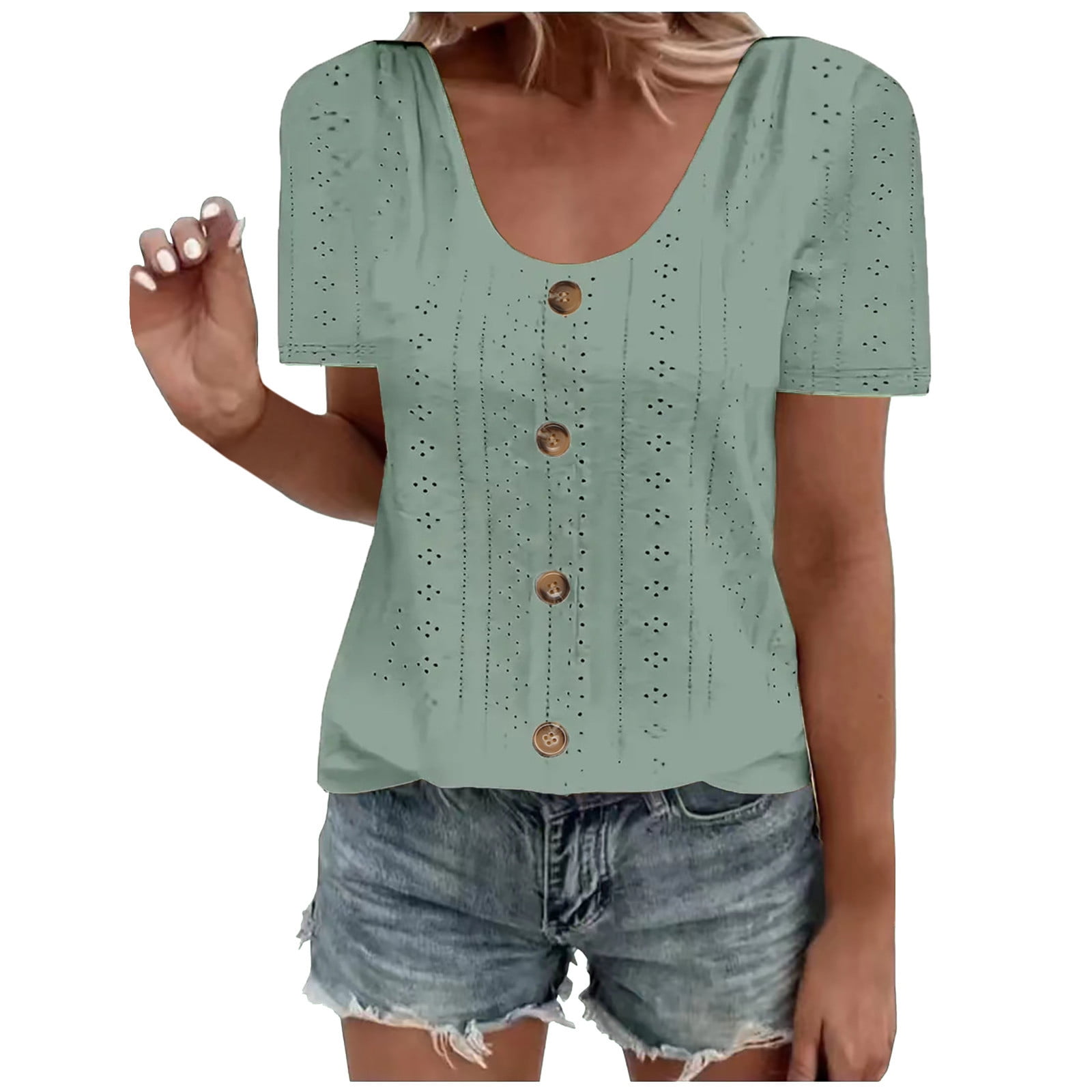 LMKIHUSA Women Eyelet Tops,Summer Trendy Button Down Scoop Neck Short ...