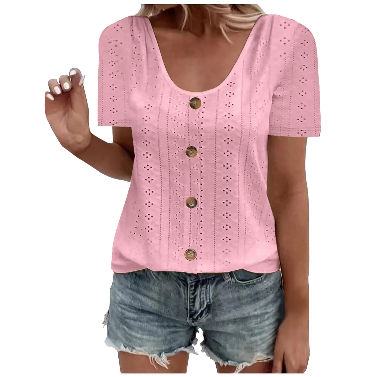 LMKIHUSA Women Eyelet Tops,Summer Trendy Button Down Scoop Neck Short ...